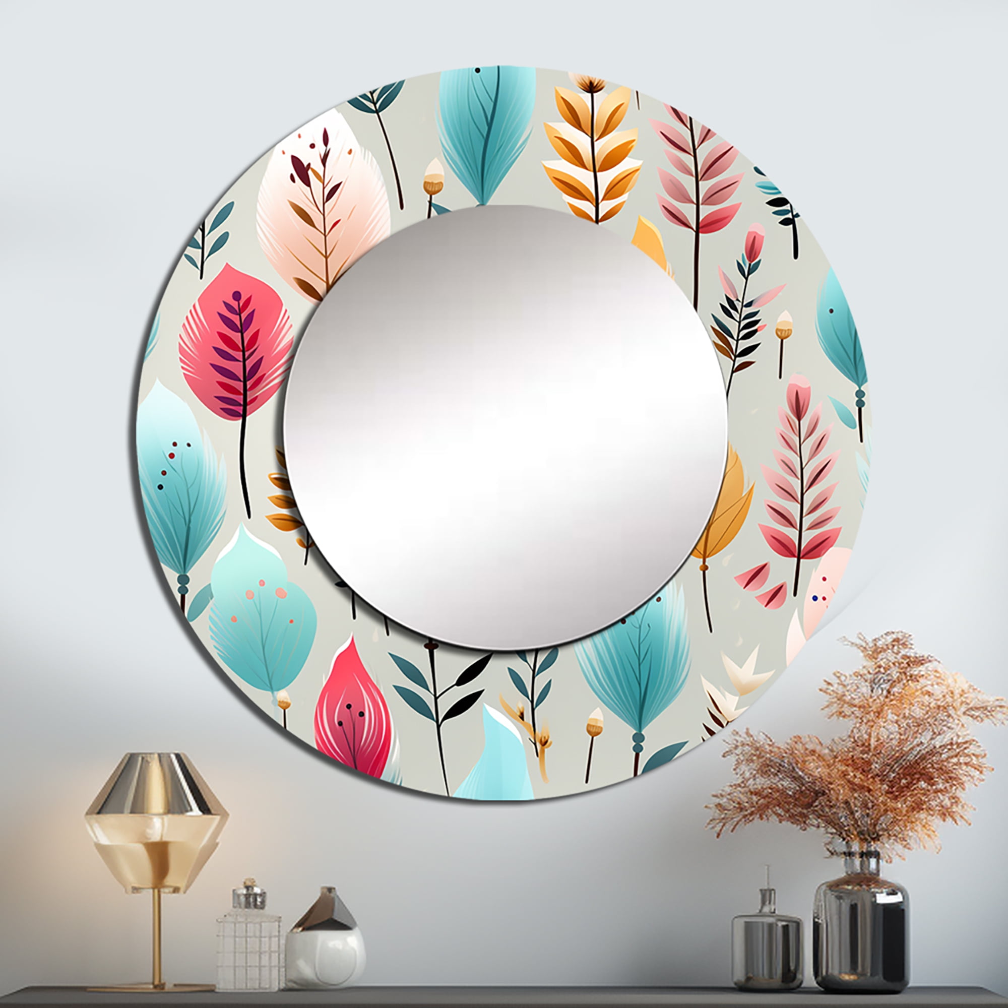 Designart "Soft Boho Fronds I" Floral Round Mirror Wall Decor Cottage ...