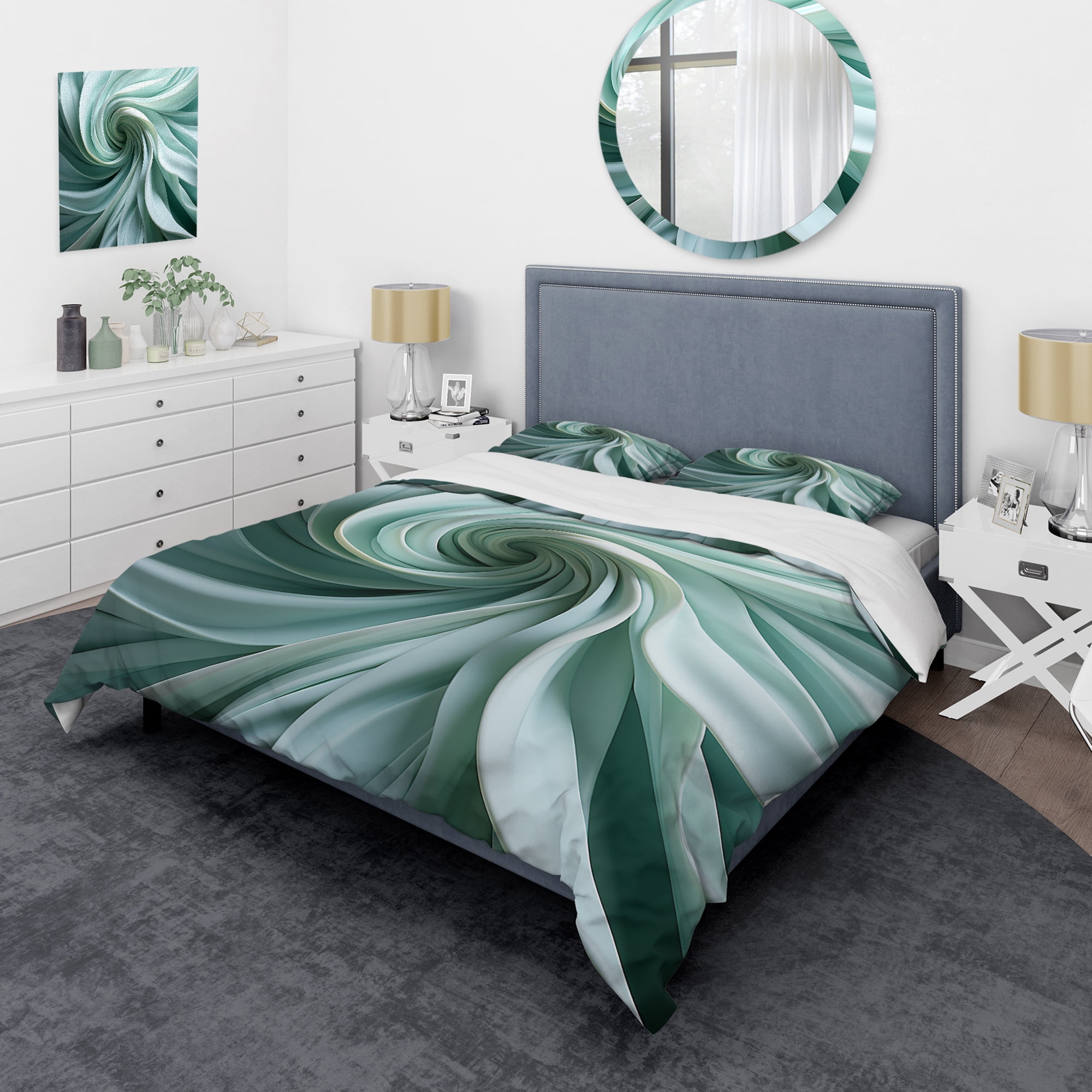 Designart "Soft Fractal Spirals in Green III" Abstract Spirals Bedding ...