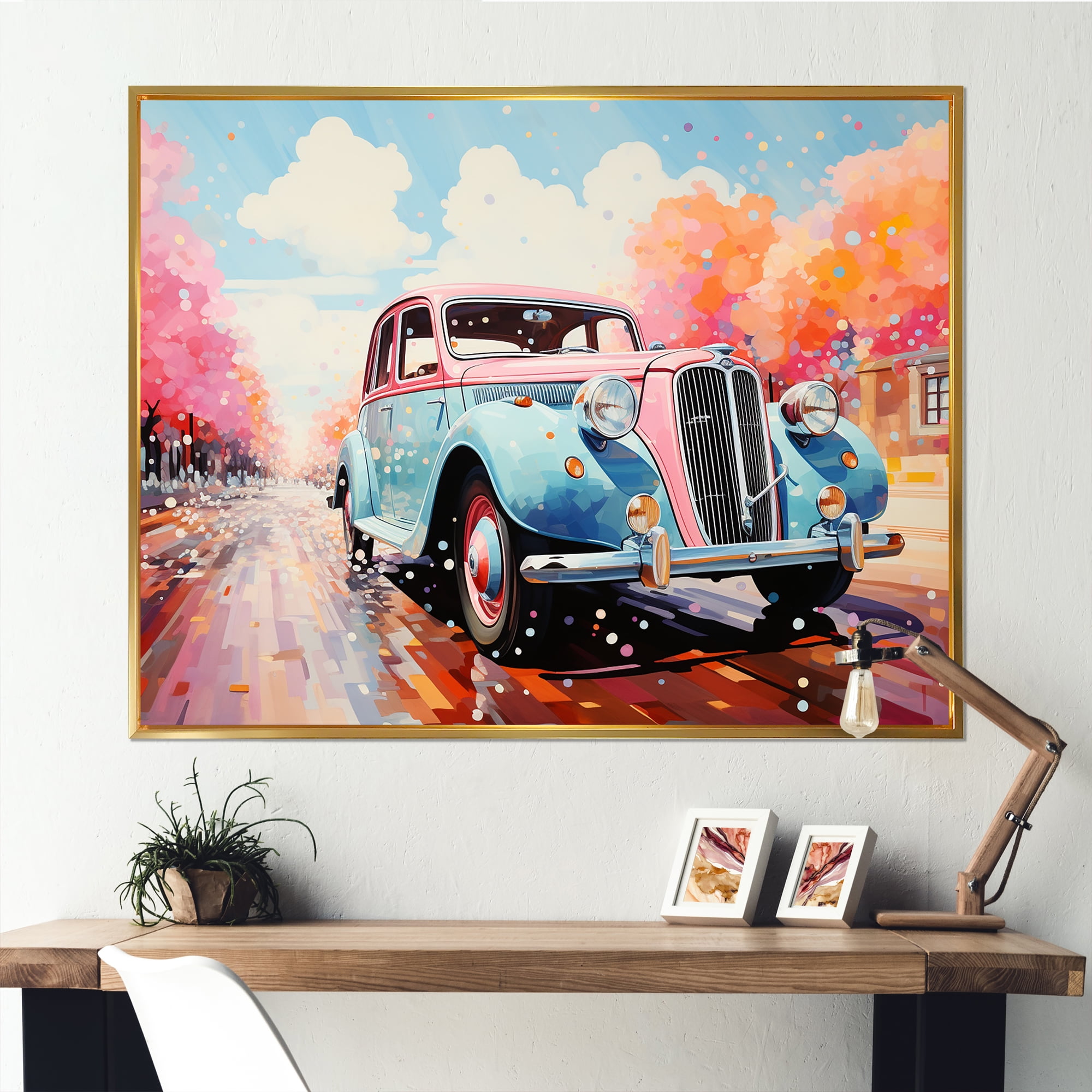Designart "Soft Hue Retro Pink Car Journey" Car Vintage Floater Framed ...