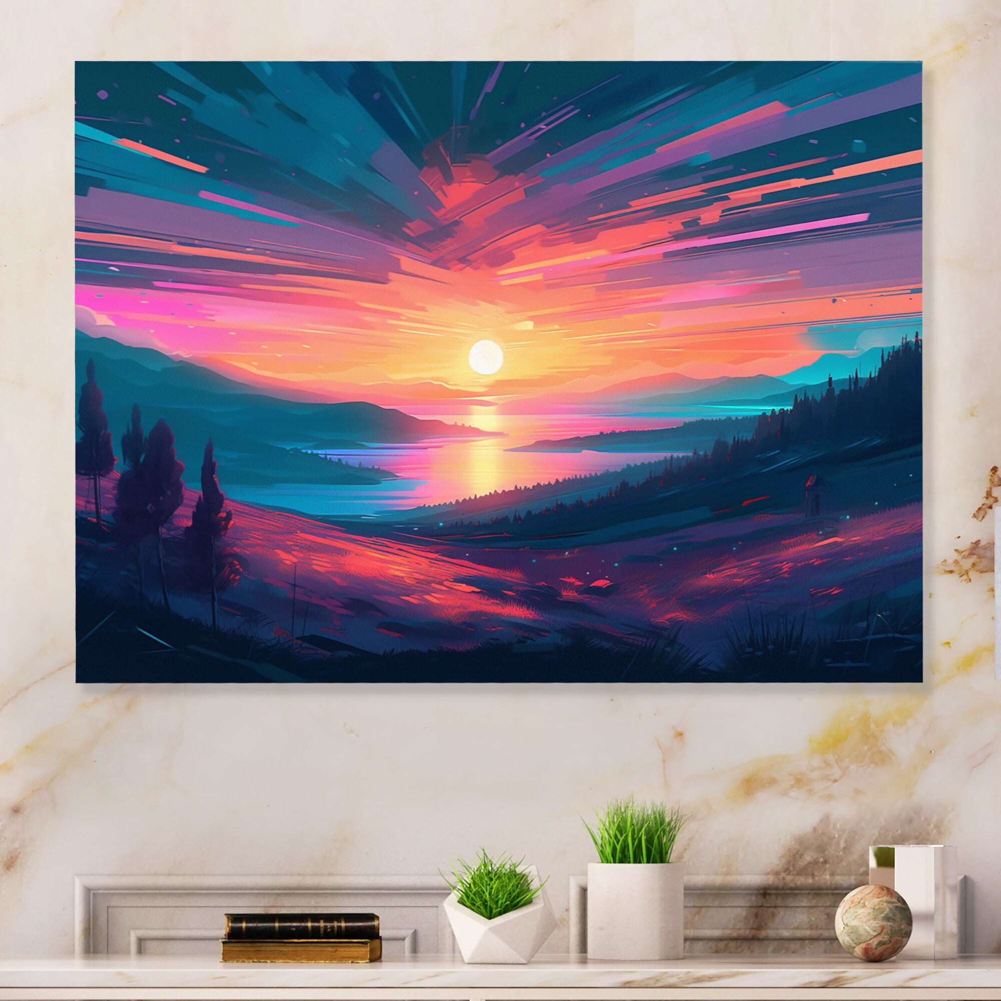 Designart "Spectacular Sunset Lake and Mountains III" Landscape Lake ...