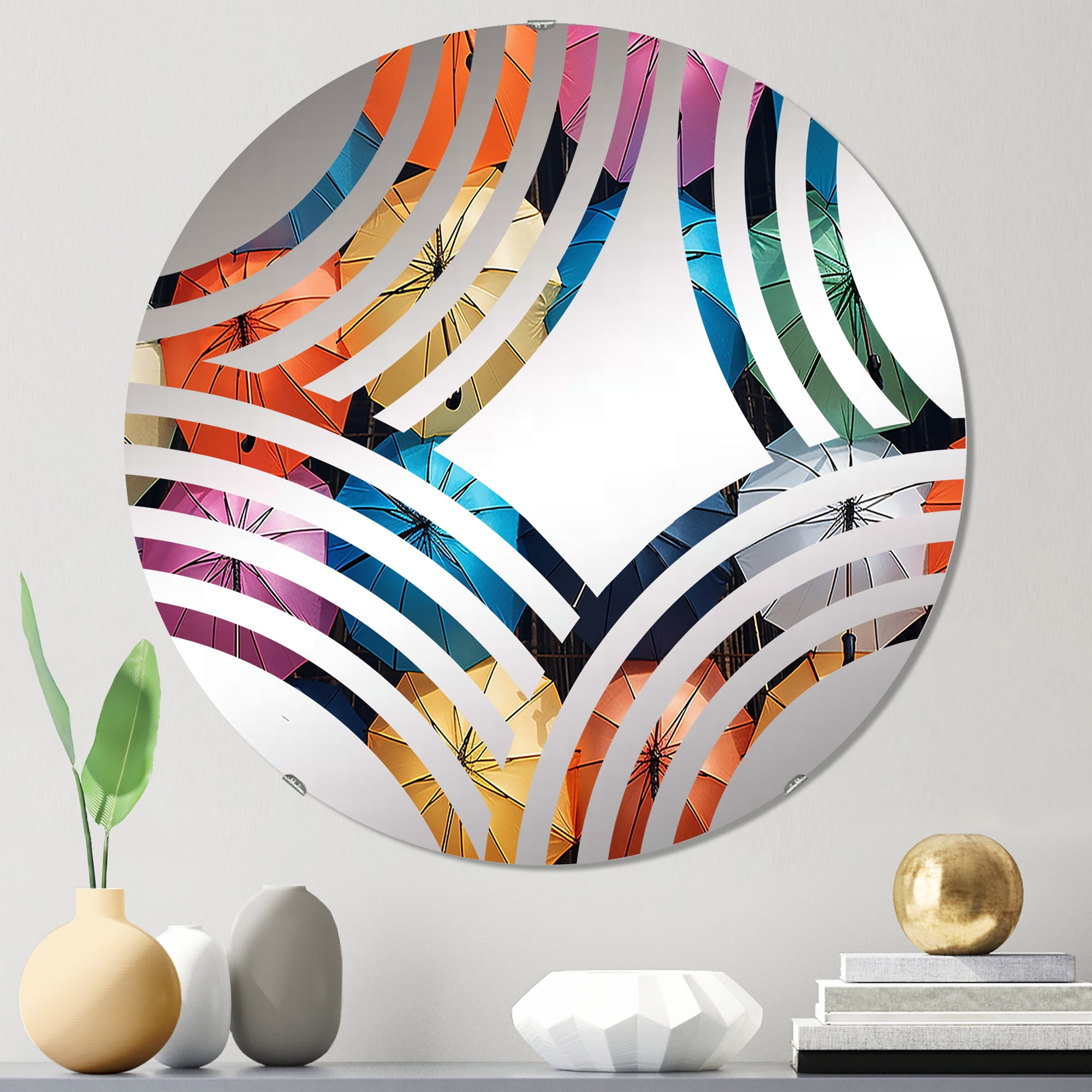 Designart "Spectrum of Umbrellas III" Sky Baptist Fan Round Wall Mirror ...