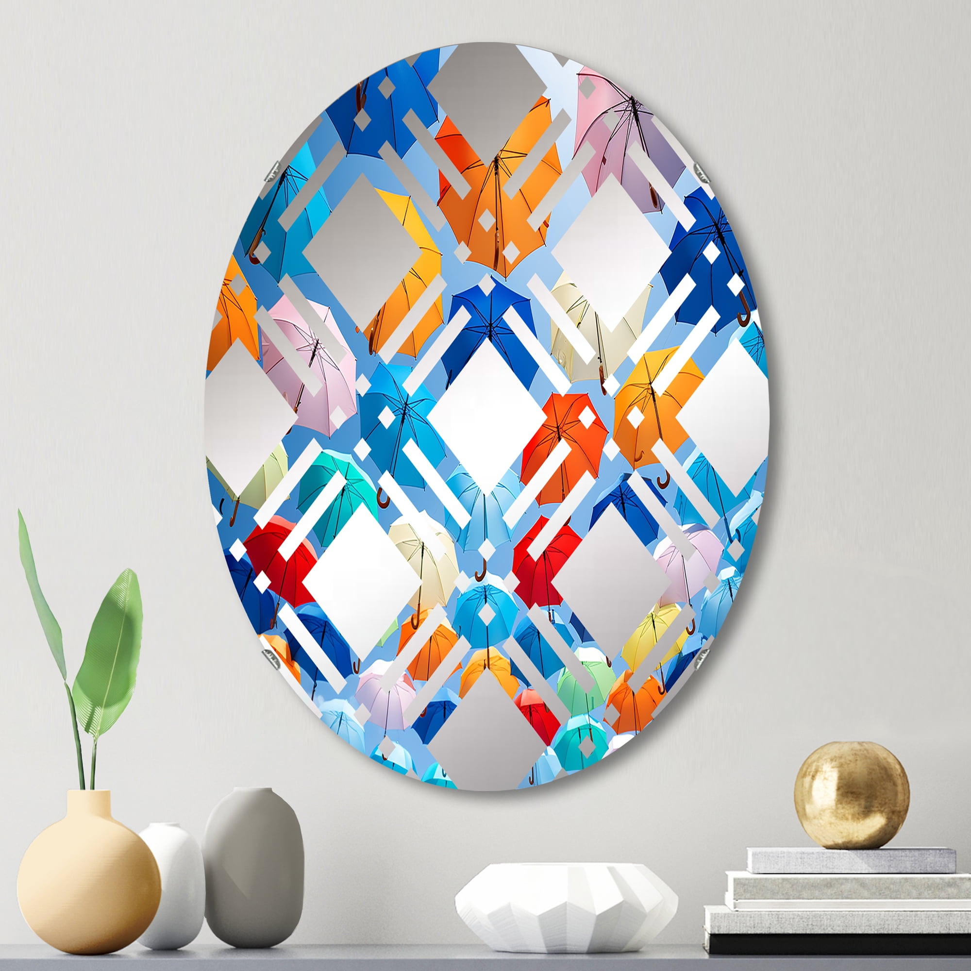Designart "Spectrum of Umbrellas" Sky Plaid Round Wall Mirror ...