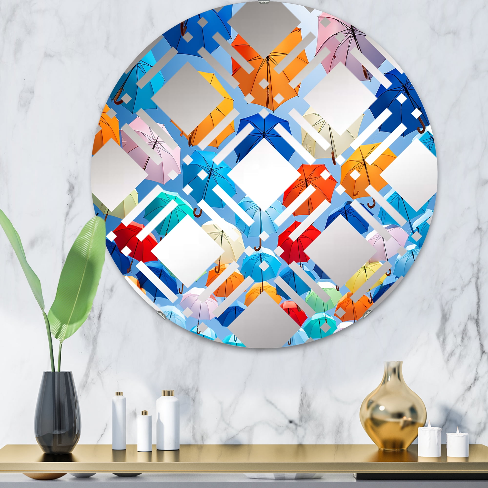 Designart "Spectrum of Umbrellas" Sky Plaid Round Wall Mirror ...
