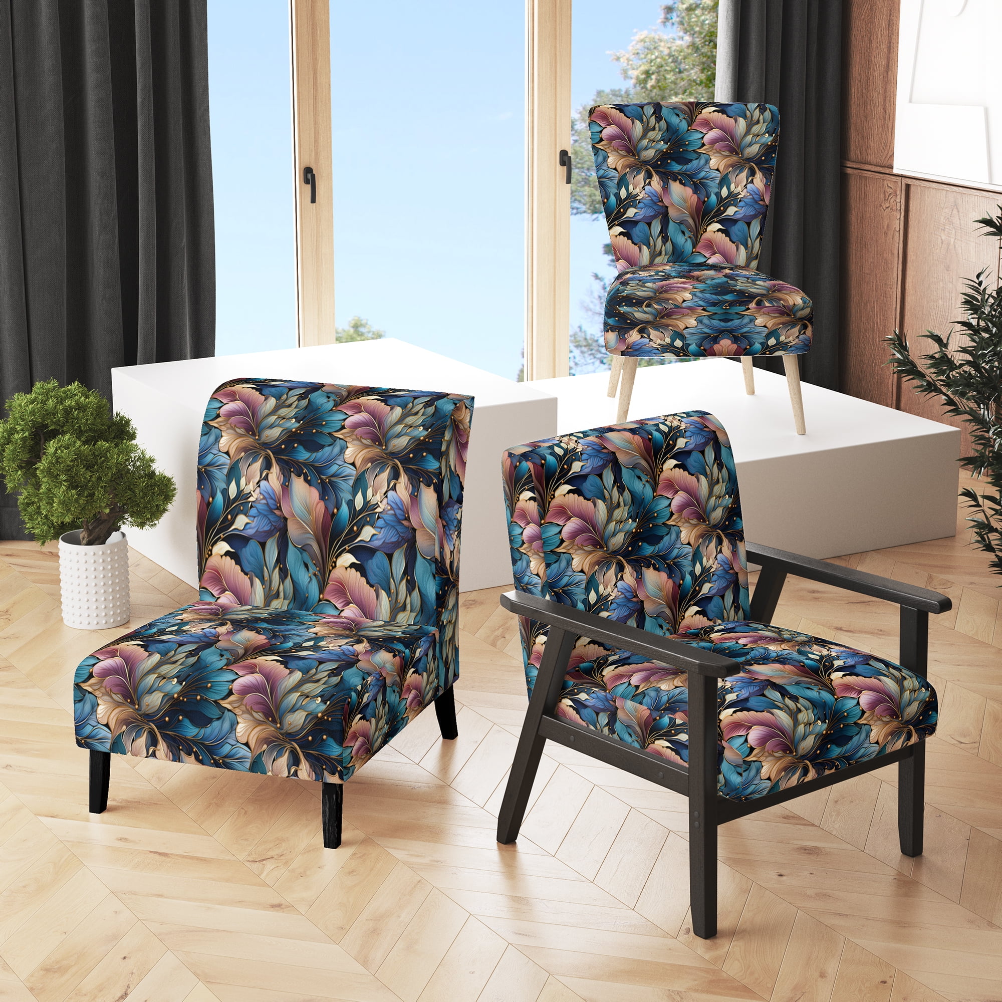 Designart "Spiraling Flower Charm" Blue Boho Upholstered Accent Chair ...