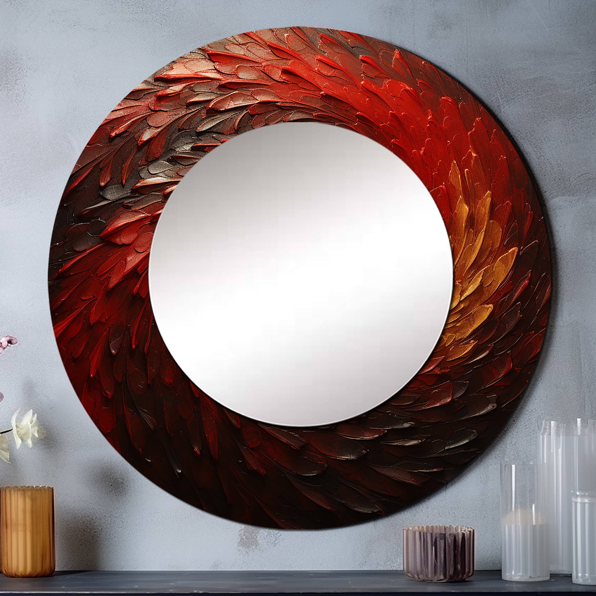 Designart "Spiraling Red Whimsical Whirl" Abstract Spirals Rund Mirror ...
