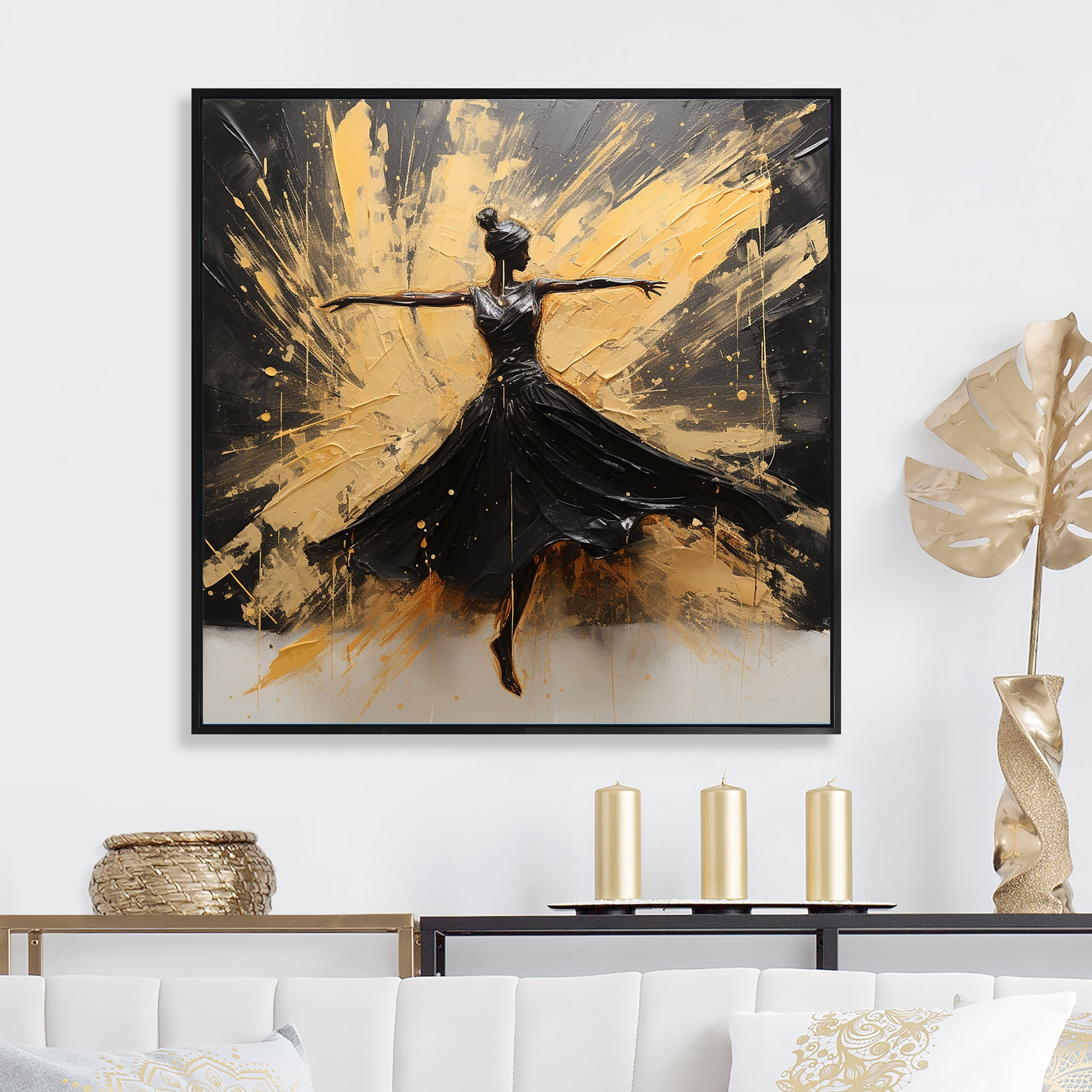 Designart "Splashing In Gold And Black Dance" Dance Floater Framed ...