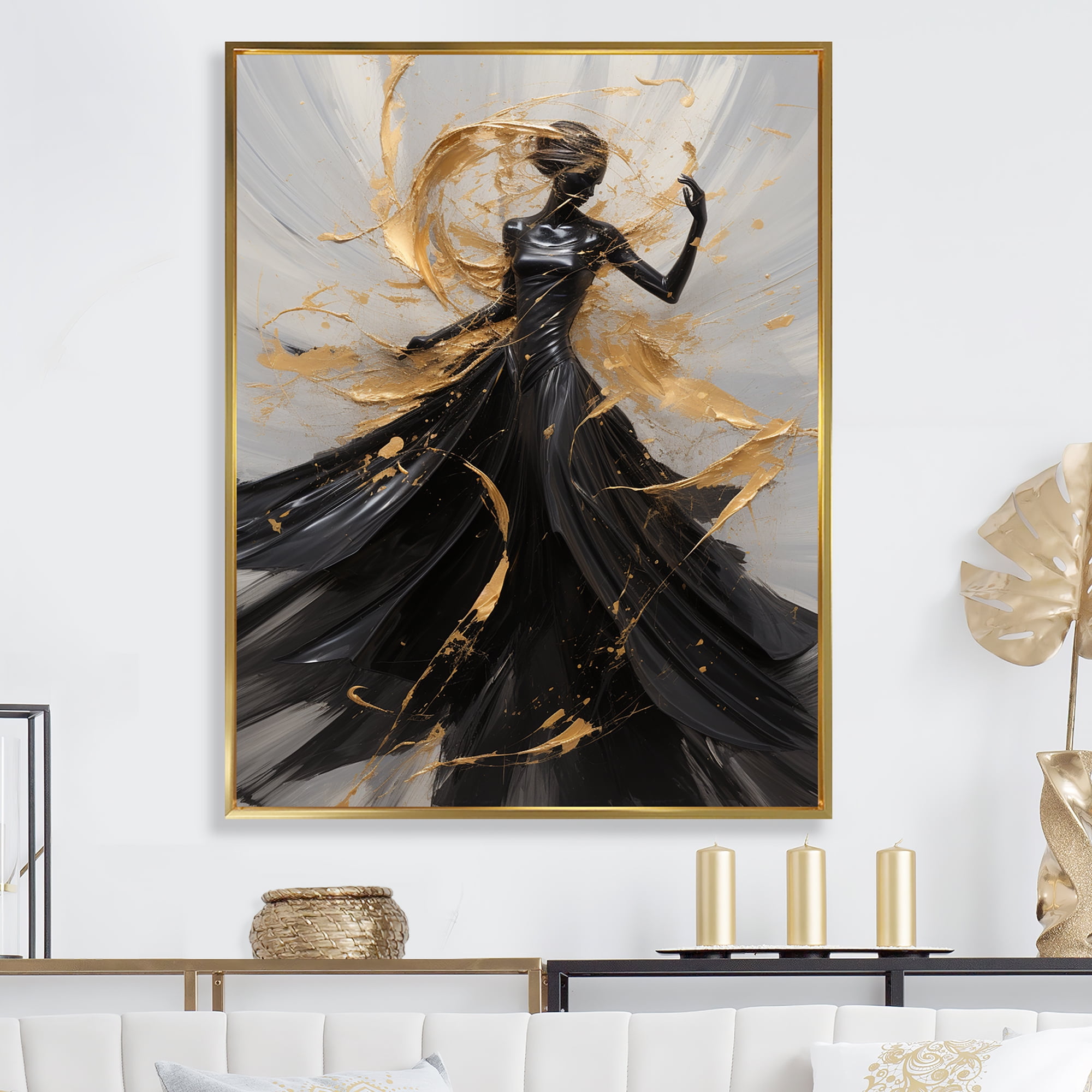 Designart "Splashing In Gold And Black Dance III" Dance Floater Framed ...