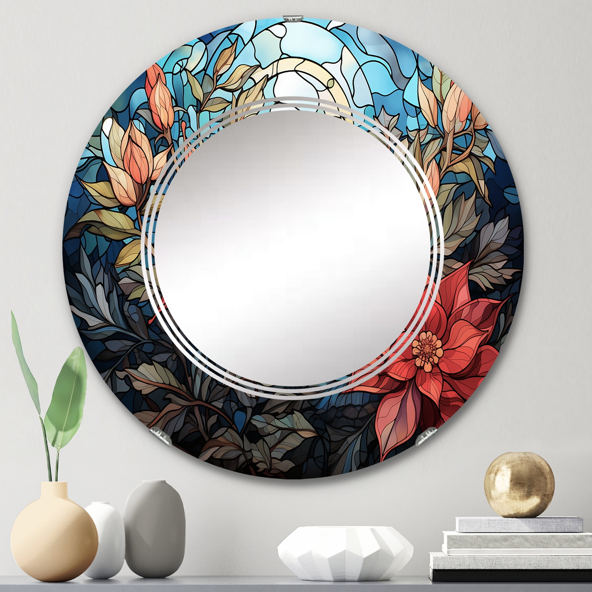 Designart "Stained Glass Poinsettia Beauty I" Floral Round Wall Mirror ...