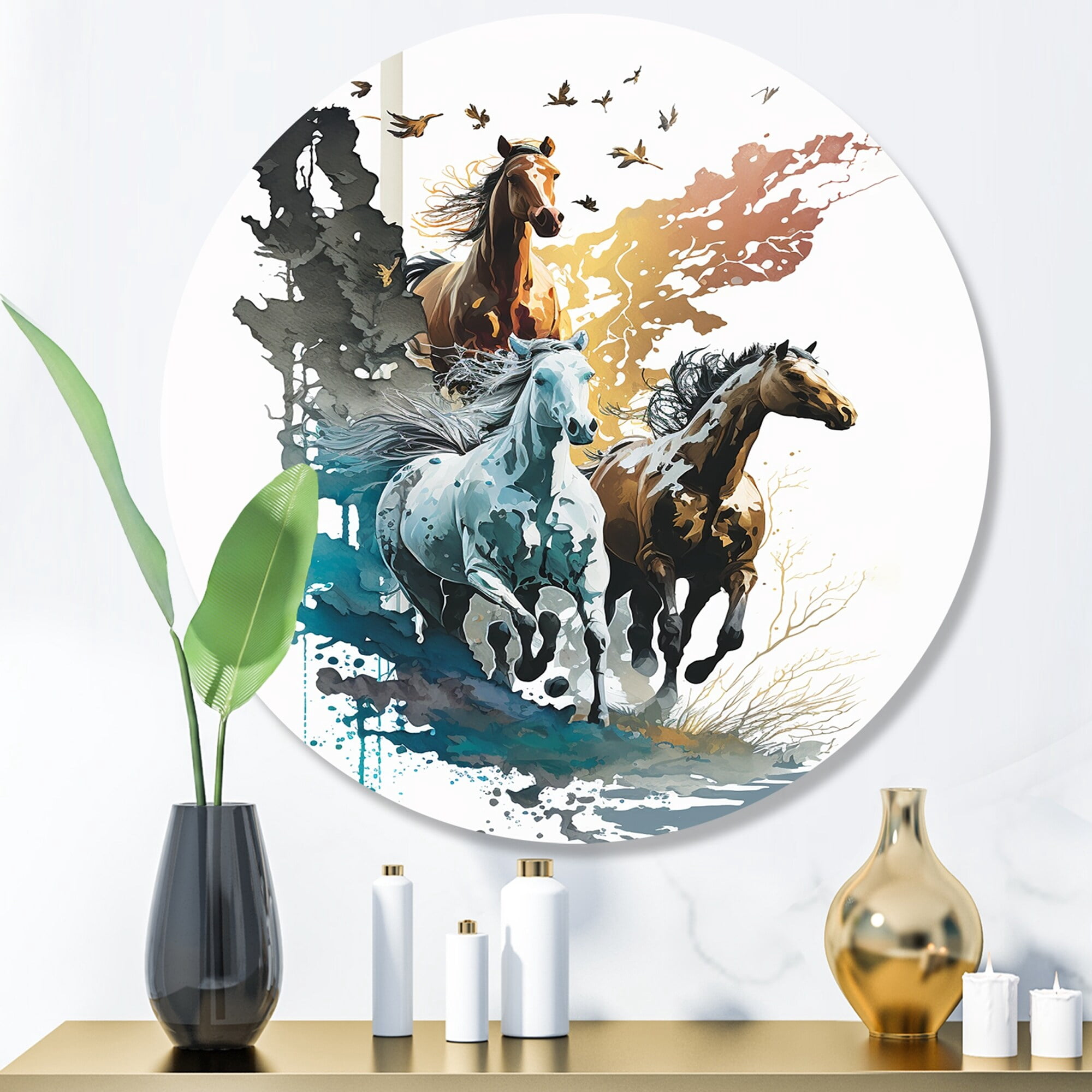 Designart "Stampeding Trio of Horses" Animals Horse Metal Round Art ...