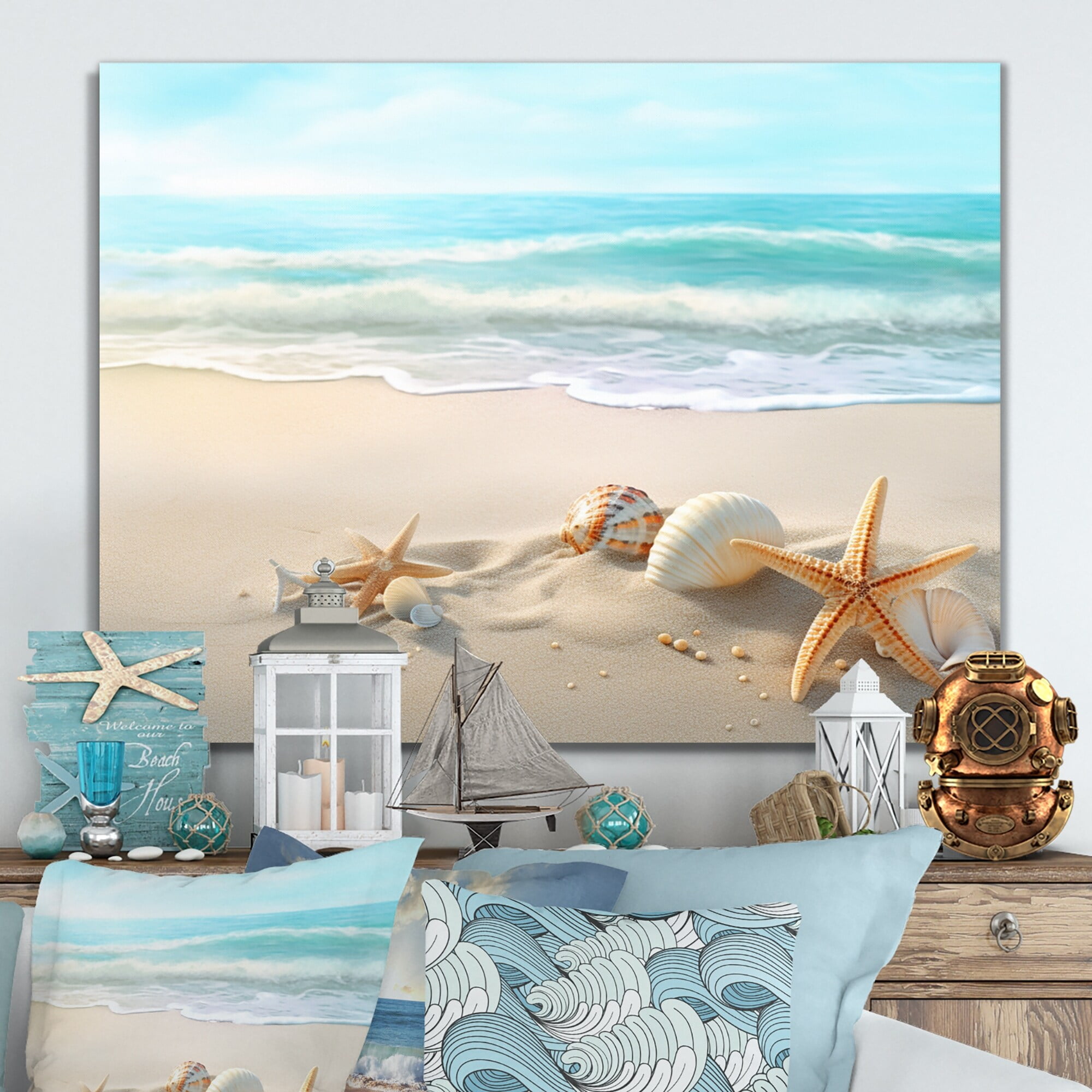 Designart "Starfish and Seashells Collection I" Modern Landscape Beach ...