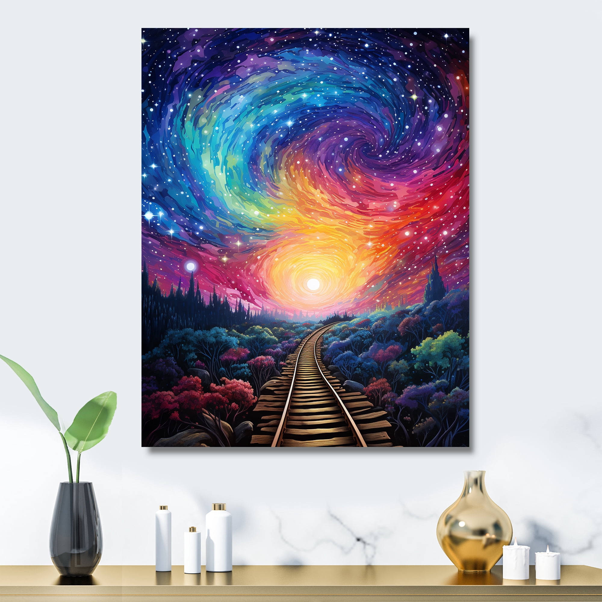 Designart "Starry Night Train tracks to the sky II In Blue and Yellow ...