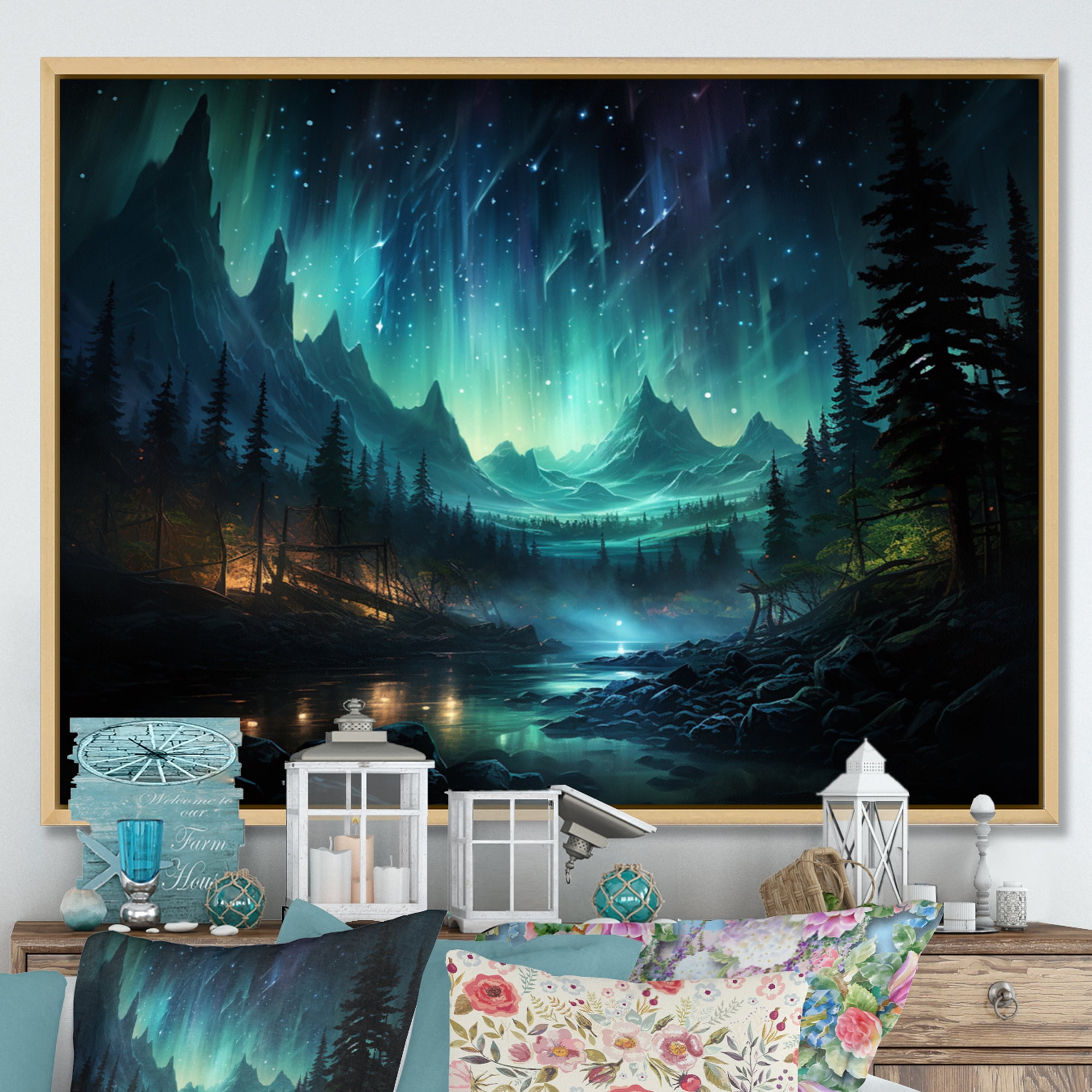 Designart "Starry Night with the Northern Lights II" Landscapes Floater ...