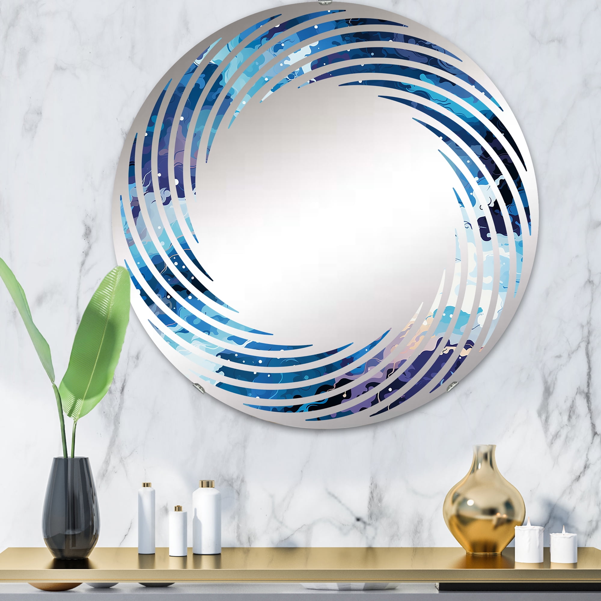 Designart "Stellar Blue Camo" Abstract Spiral Round Wall Mirror - Oval ...