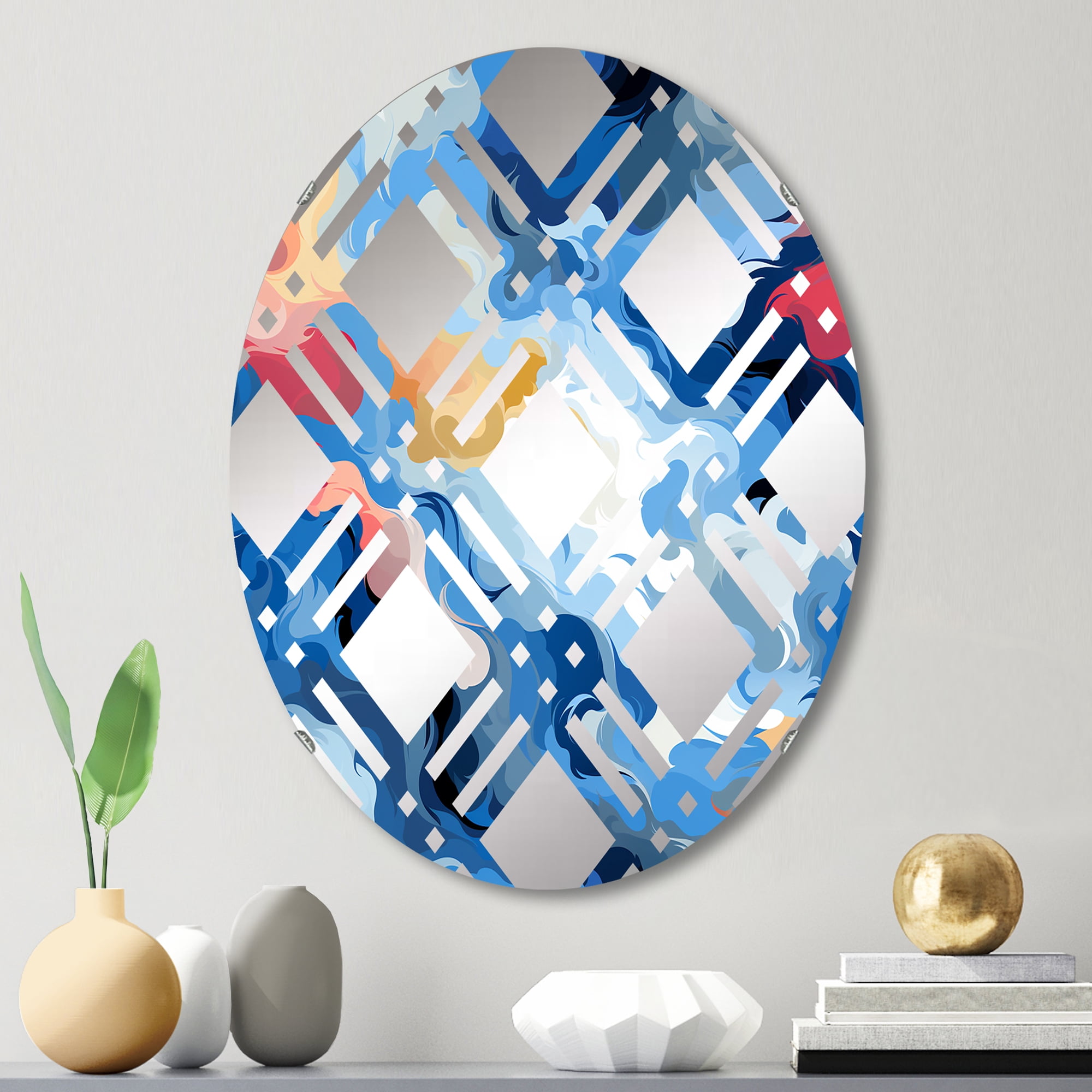 Designart "Stellar Blue Camo I" Abstract Plaid Round Wall Mirror - Oval ...