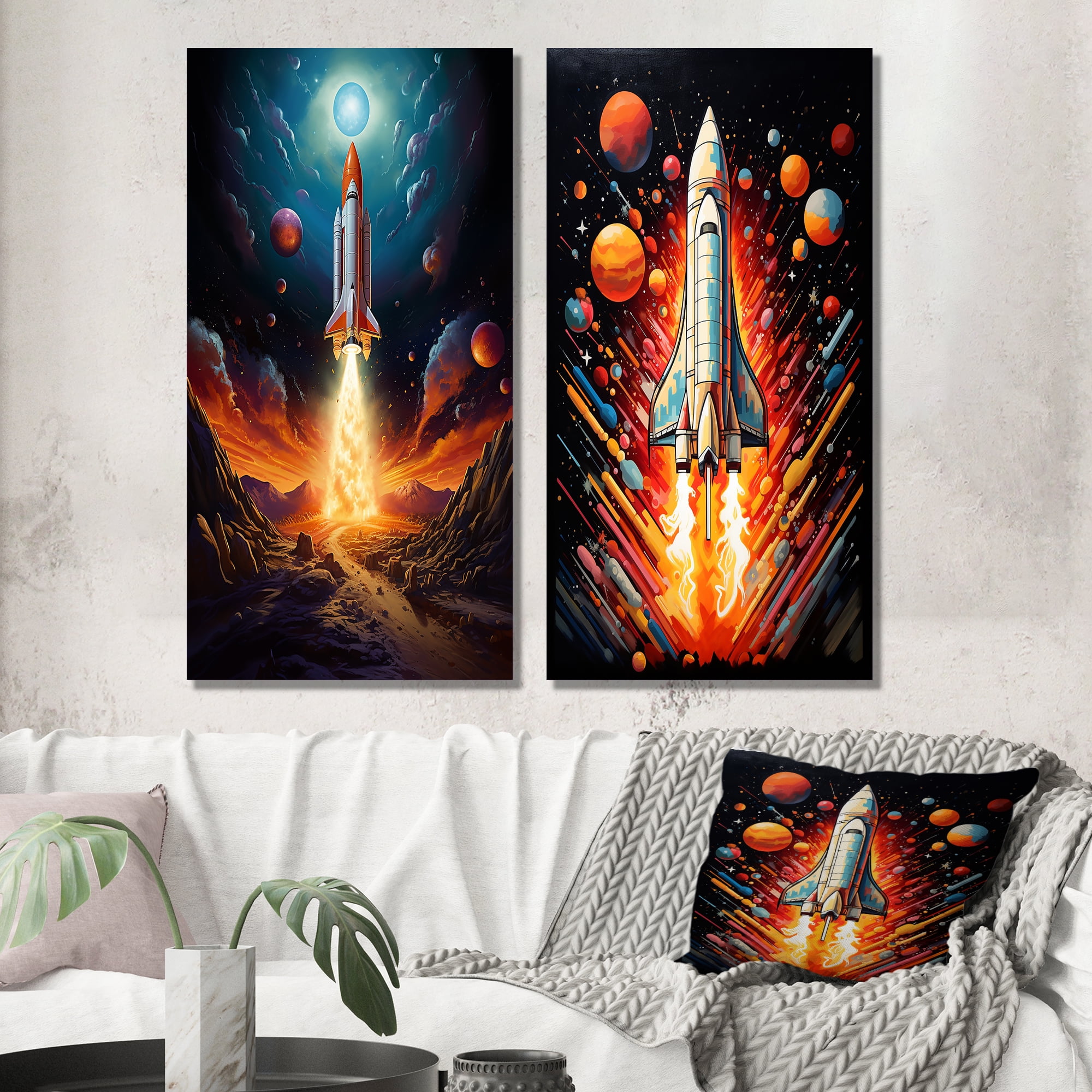Designart "Stellar Voyage with the Rocketship II" Rocketship Wall Art ...