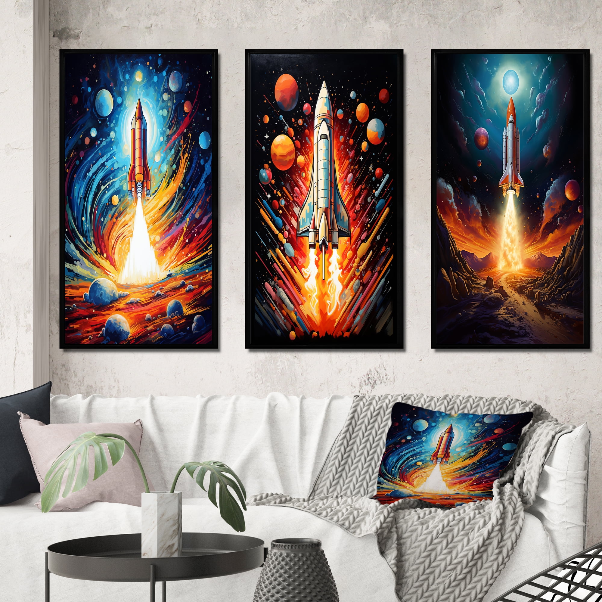 Designart "Stellar Voyage with the Rocketship III" Rocketship Framed ...