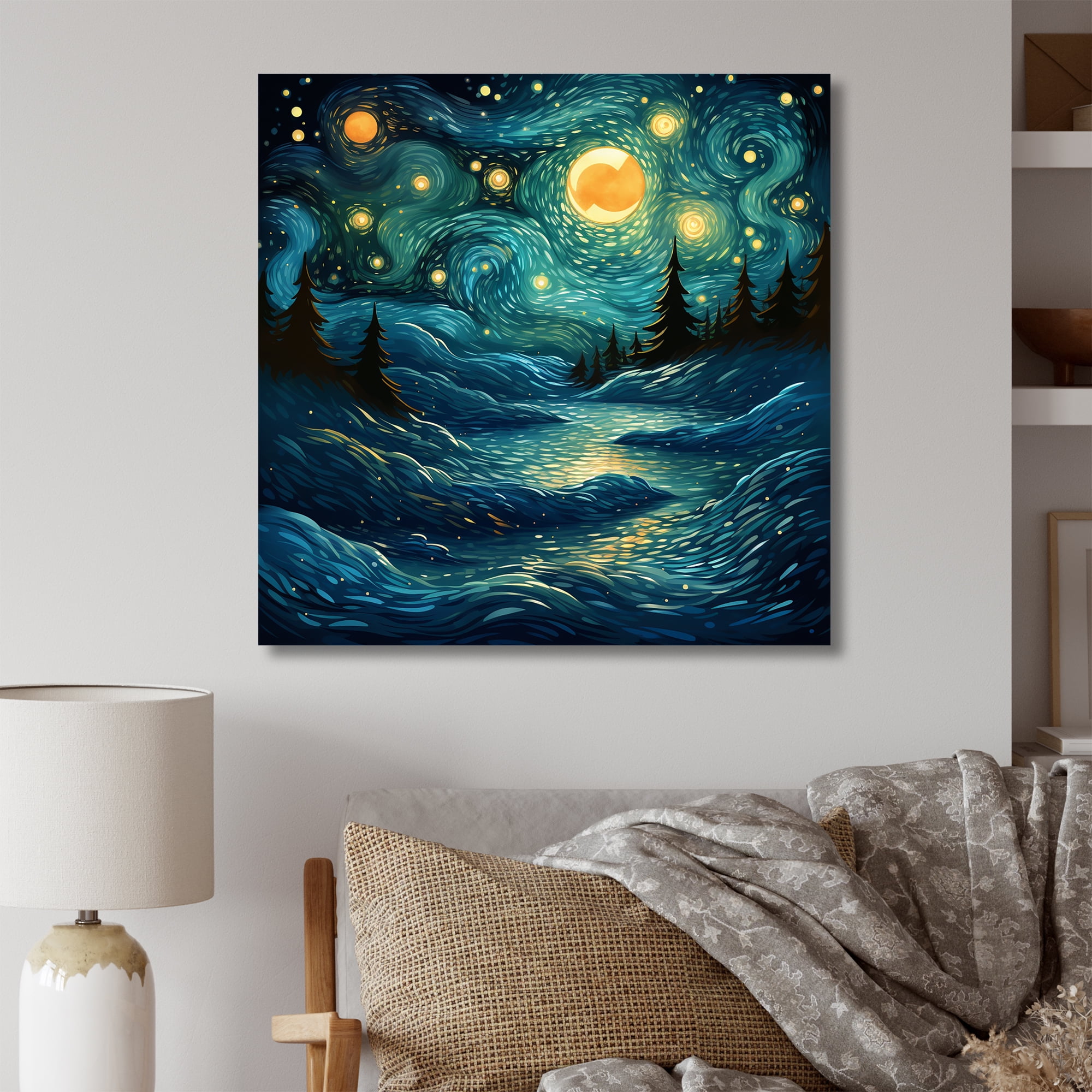 Designart "Storm of Starry Night Ocean I" Fashion Wall Art - Glam Blue ...