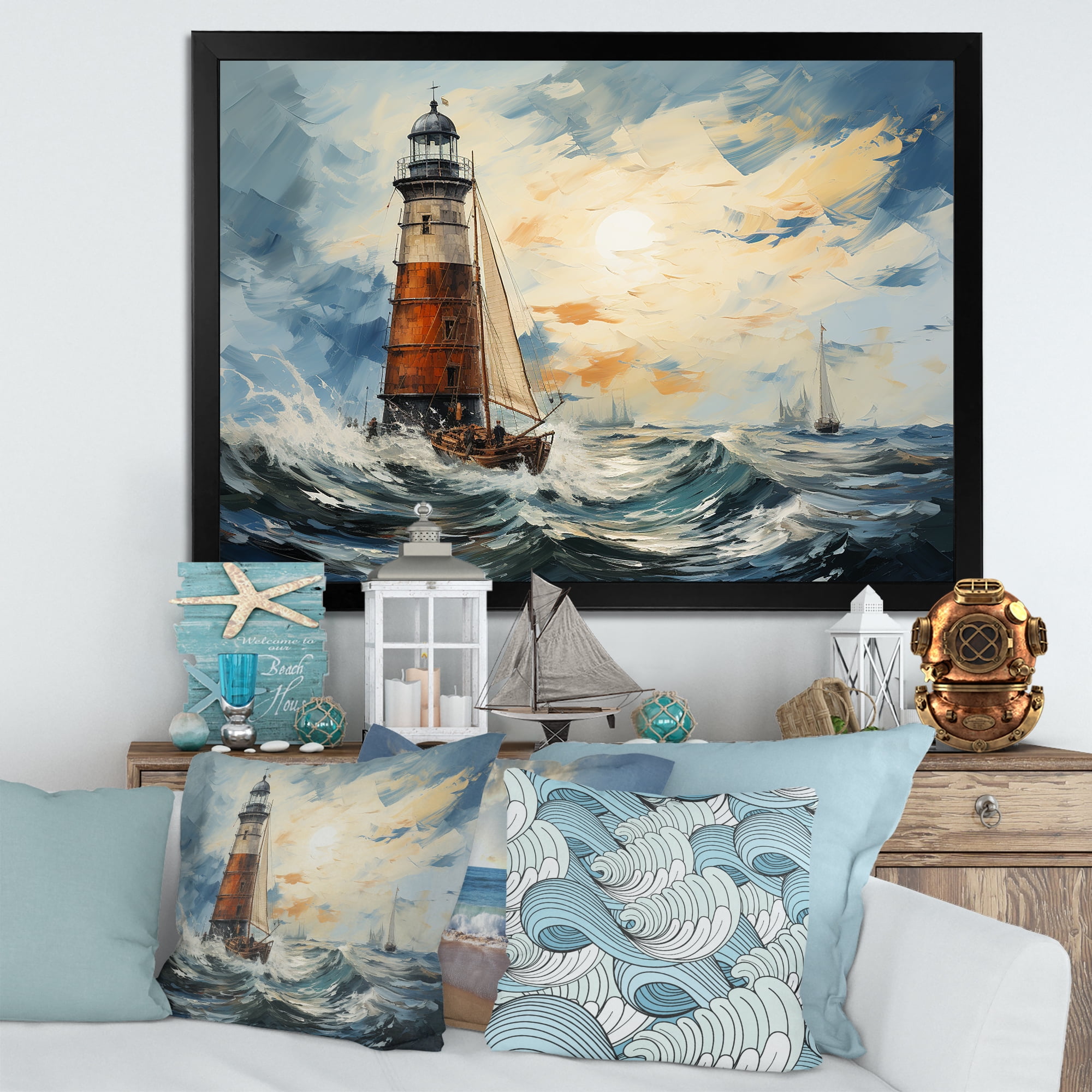 Designart "Stormy Sea at the Lighthouse II" Architecture Framed Wall ...