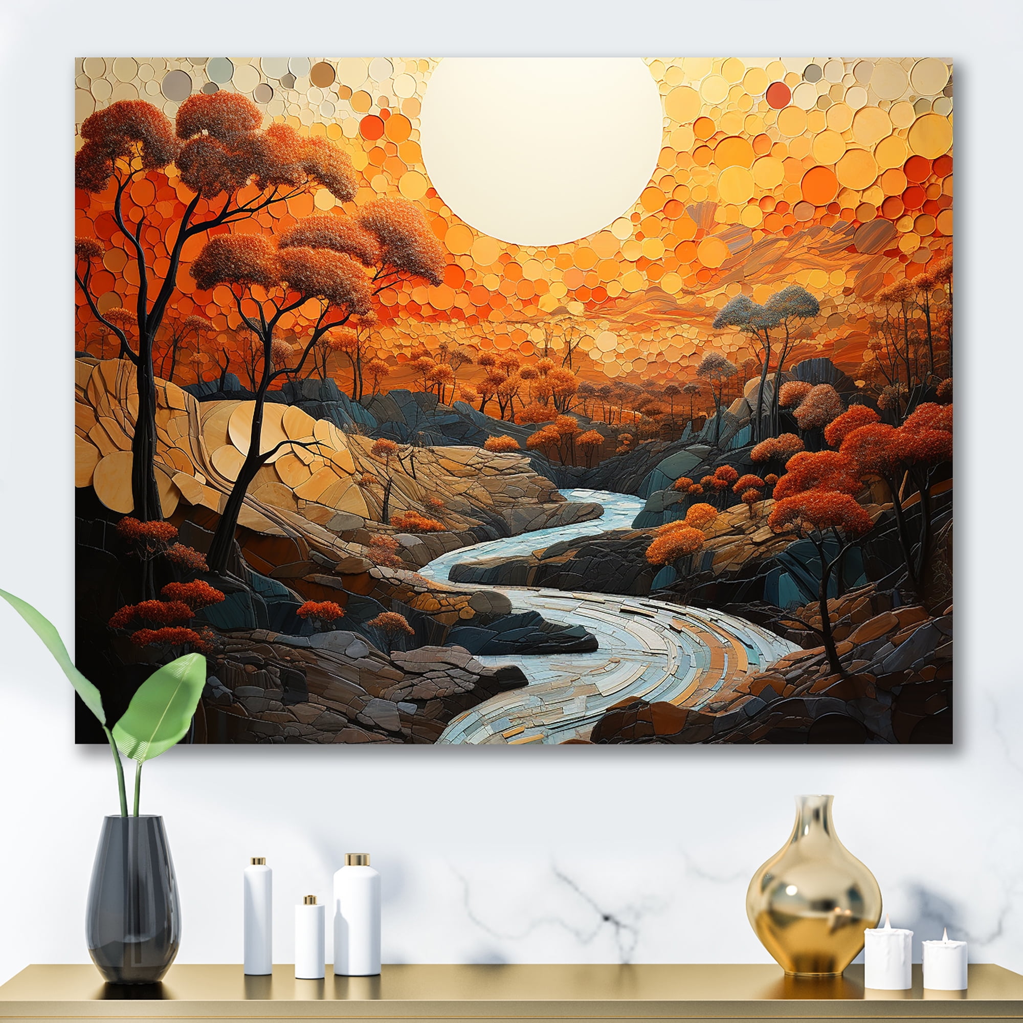 Designart "Stream Sunset Abstract Orange Landscape Glow I" Landscapes ...
