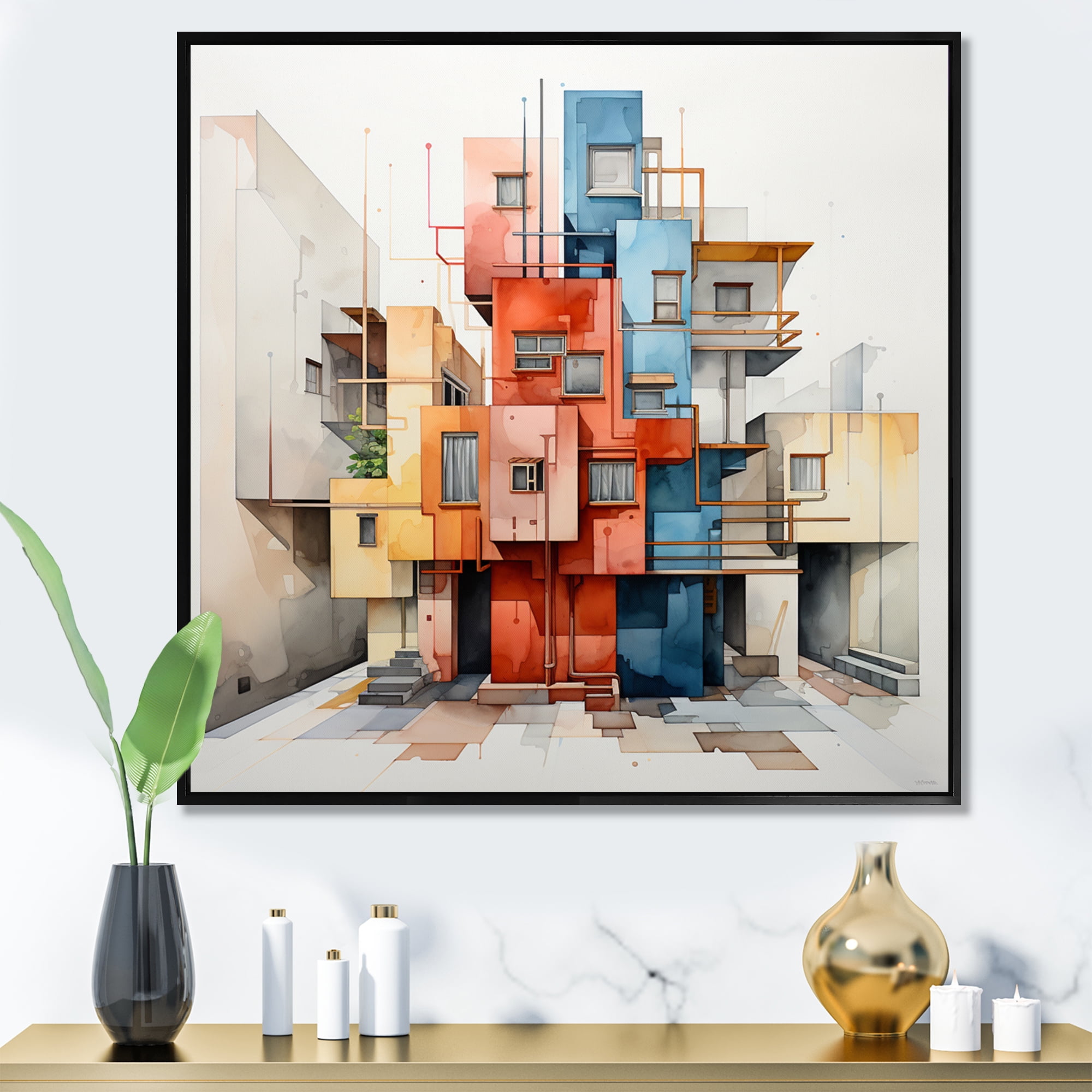 Designart "Street Art City Cubic art painting" Cubism Floater Framed ...