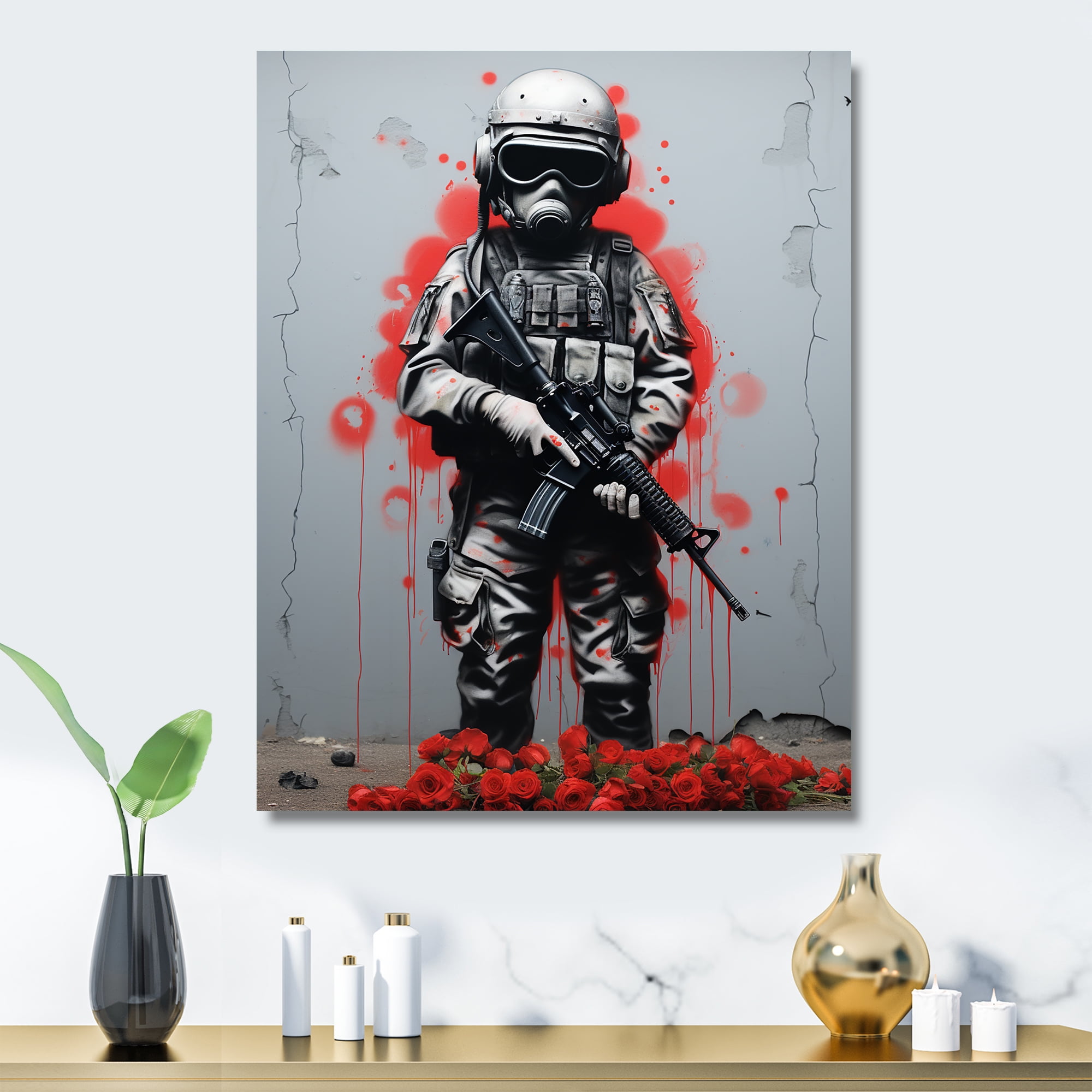 Designart "Street art soldier at war II In Red and Grey"Pop Art Metal ...