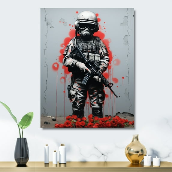 Designart "Street art soldier at war II In Red and Grey"Pop Art Metal ...