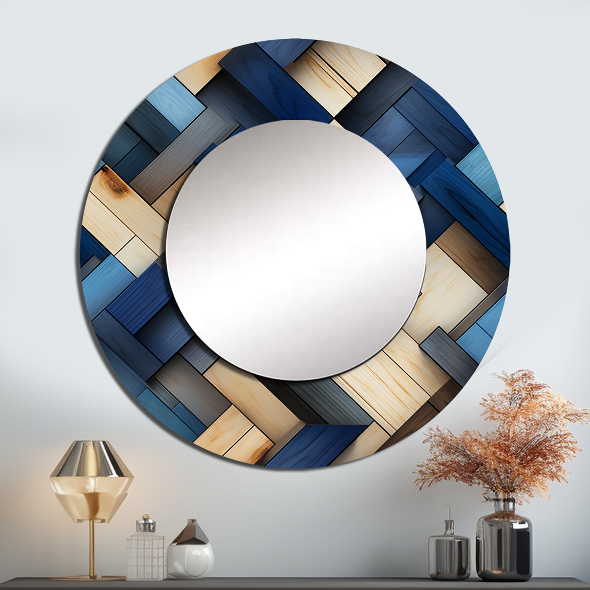 Designart "Striped Symmetry In Beige And Blue" Geometric Blue Large ...