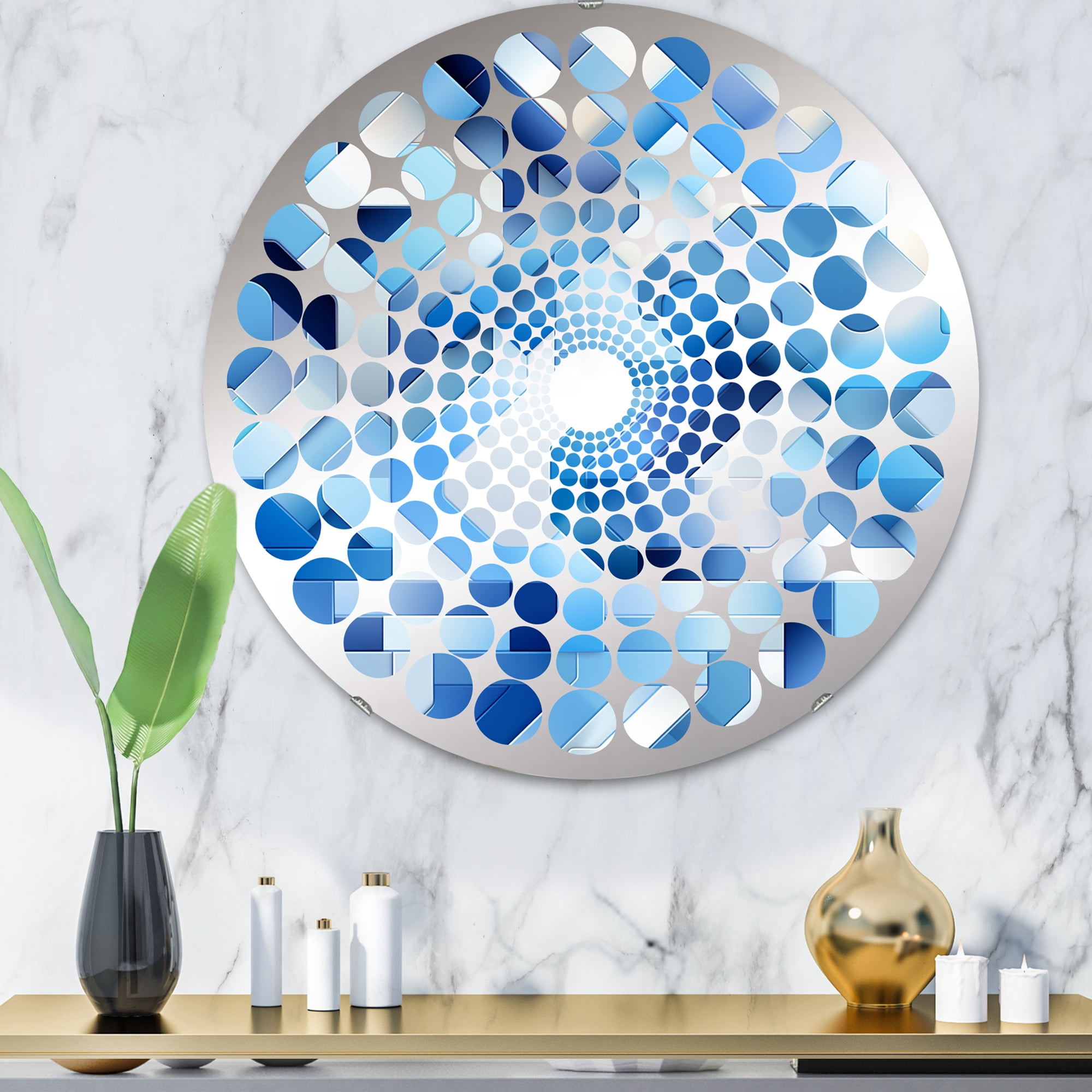 Designart "Striped Symmetry in Blue and White" Geometric Radial Dot ...