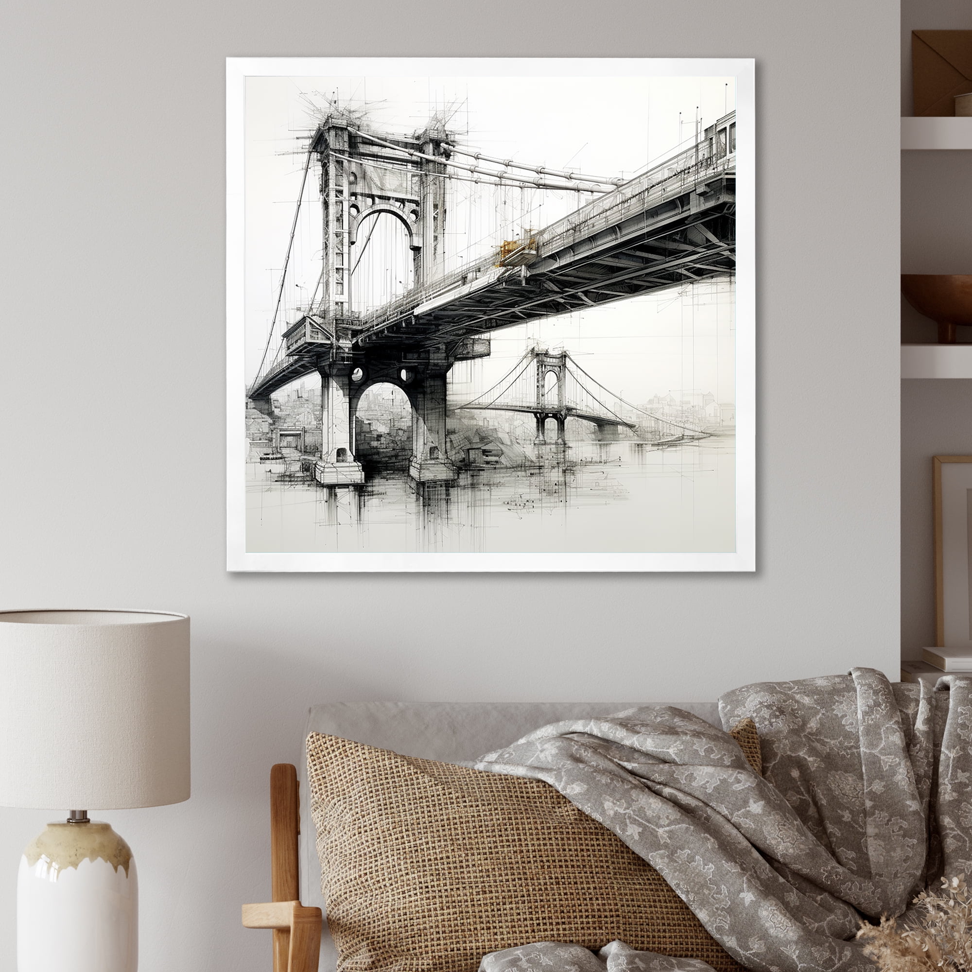 Designart "Structural Sketch Of Bridges" Bridges Picture Framed Wall ...