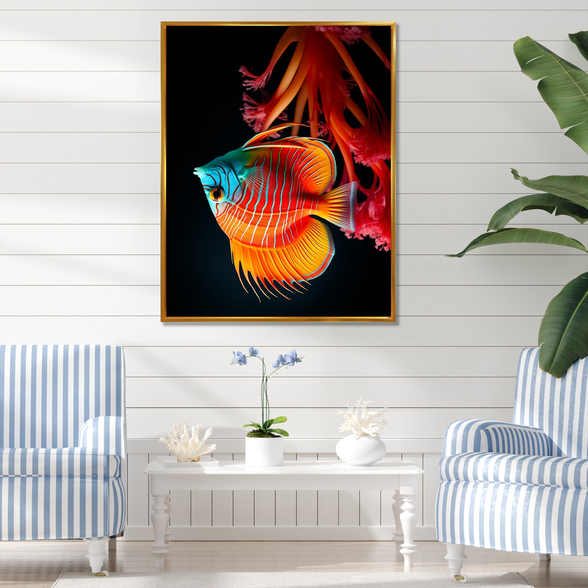 Designart "Stunning Azure And Tangerine Butterflyfish II" Coastal Coral ...