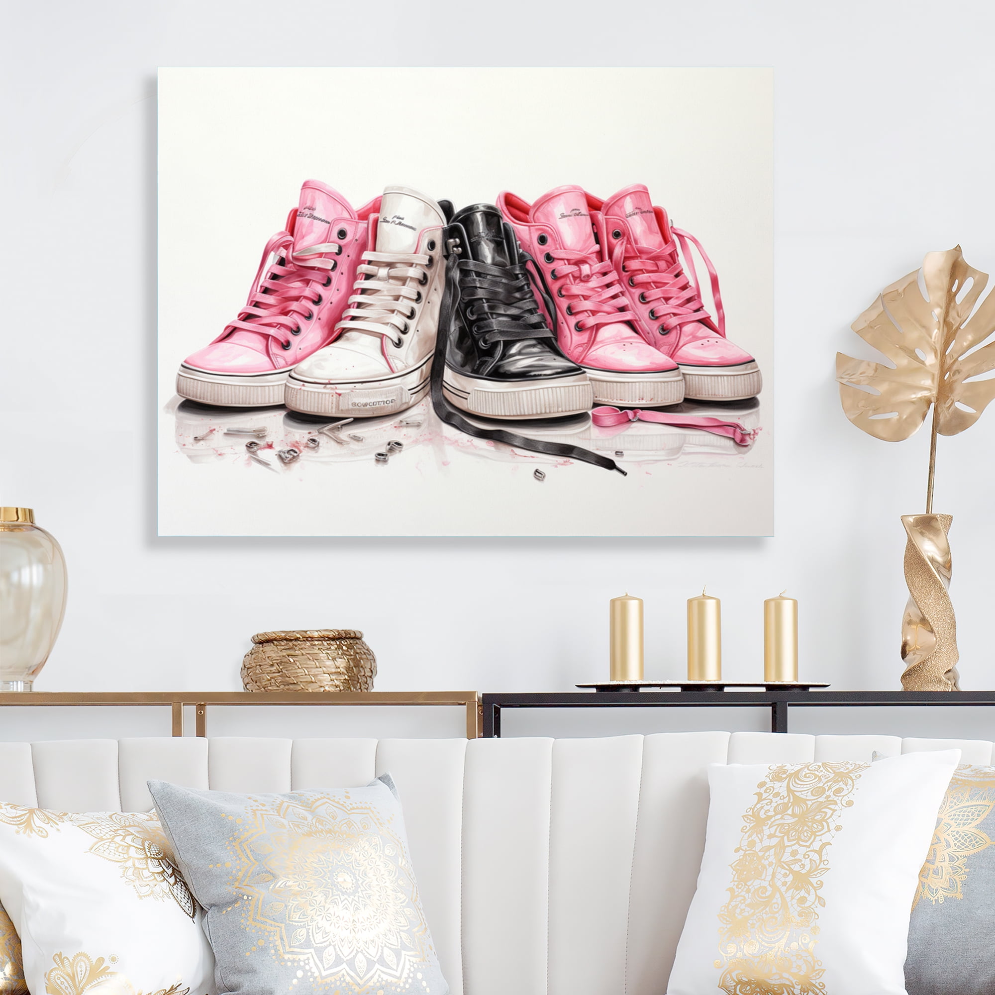 Designart "Stylish Pink Sneakers Obsession II" Fashion Metal Art Living ...