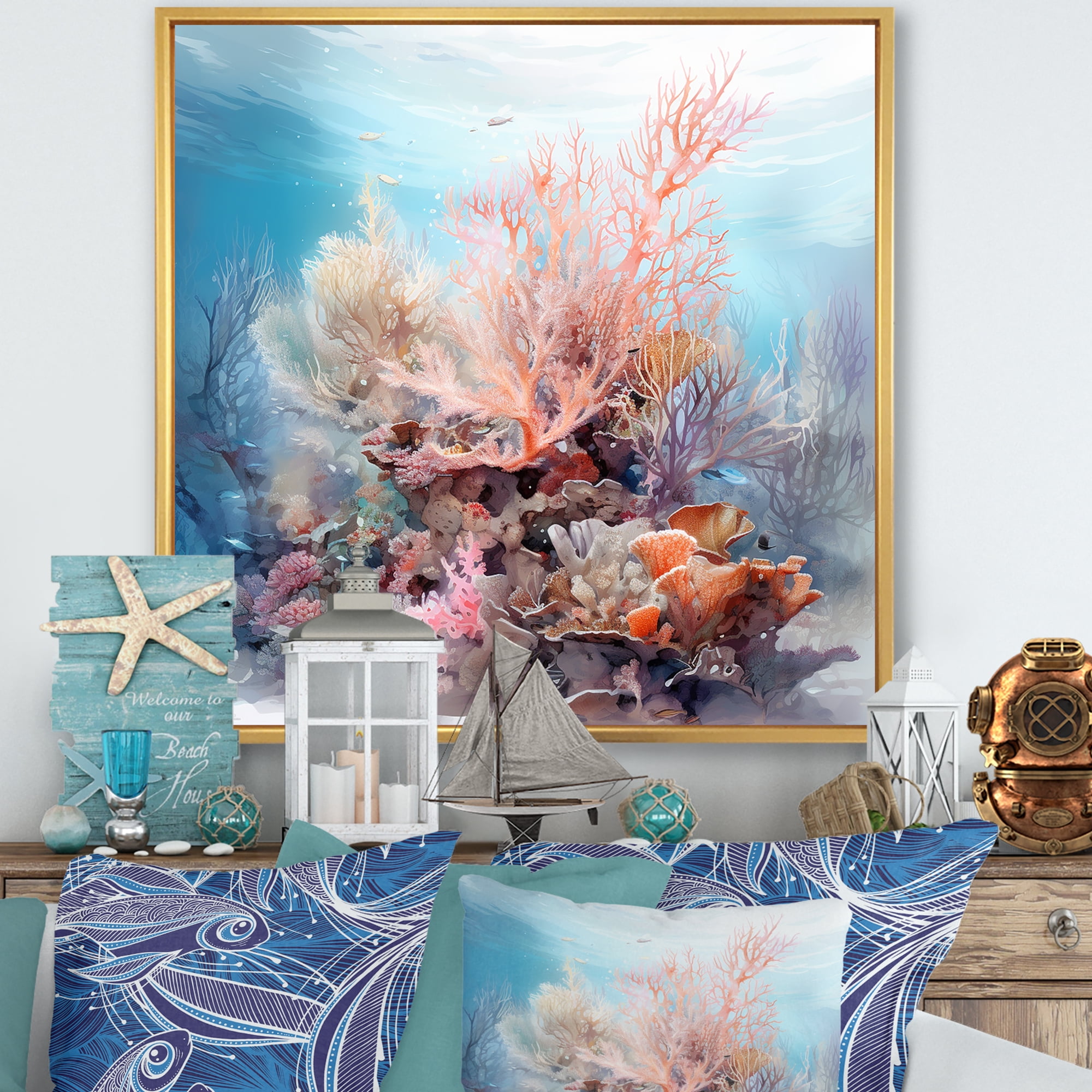Designart "Submerged Coral Elegance" Coastal Coral Under Water Floater ...