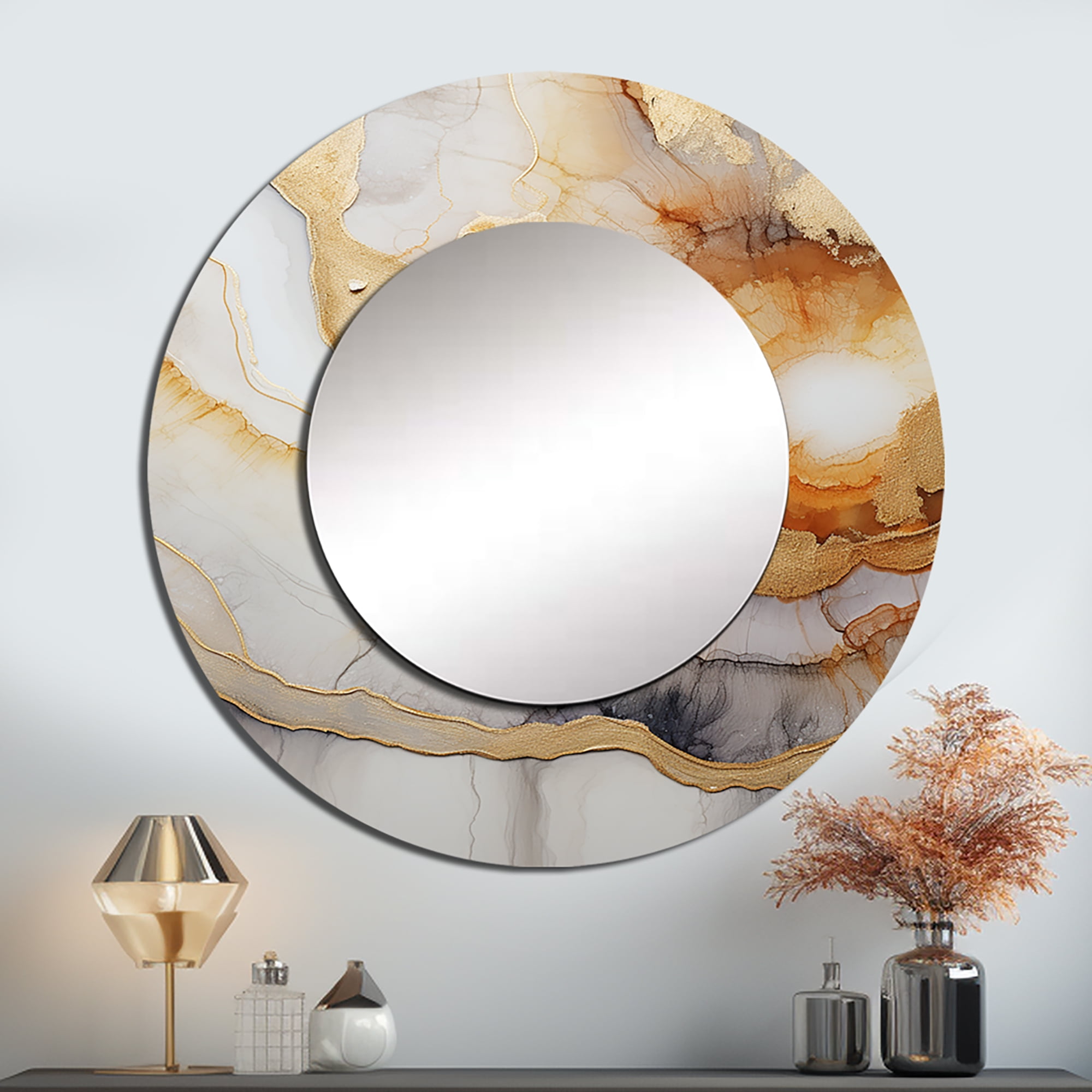 Designart "Subtle Grey Orange Geode" Stone Geode Rund Mirror For Wall ...