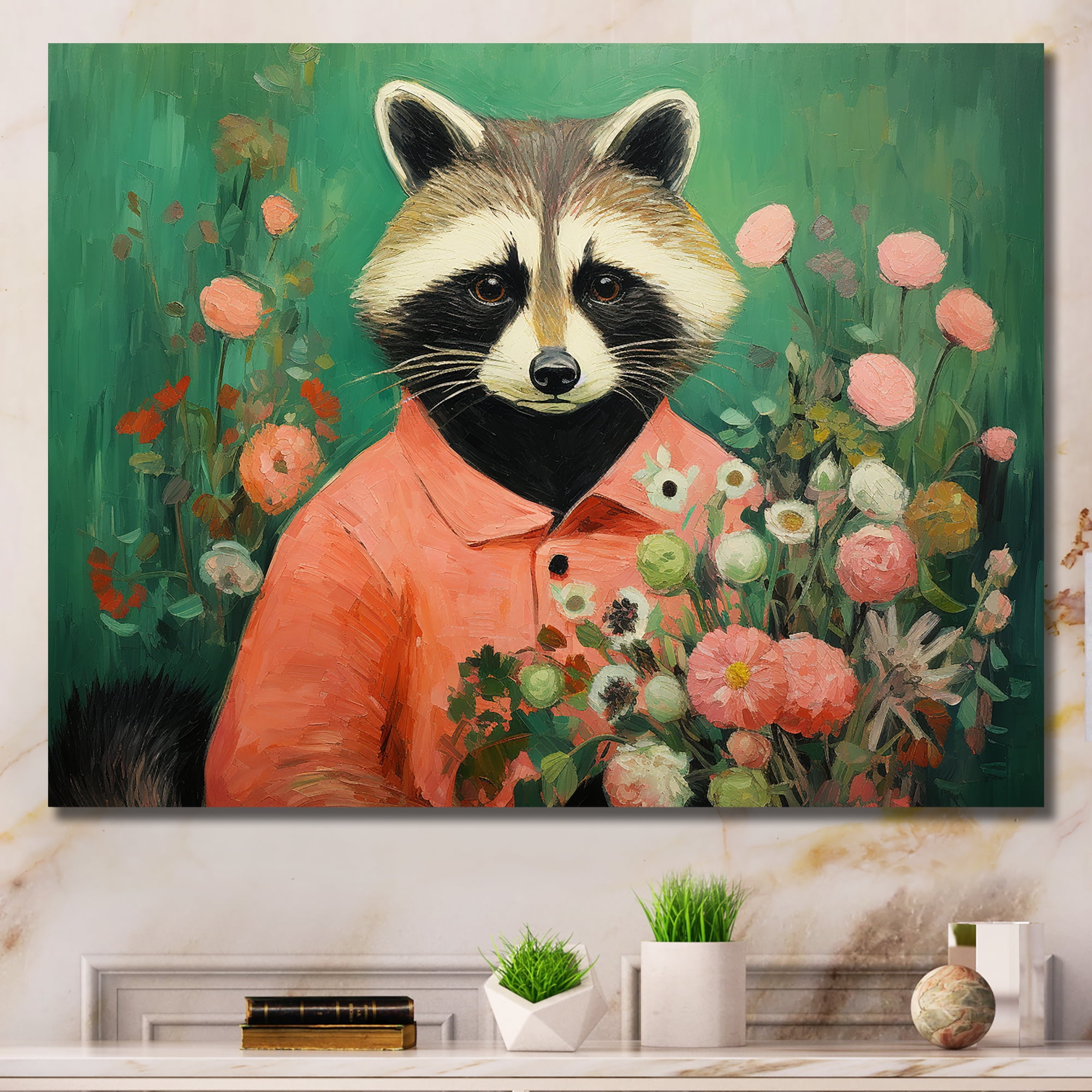 Designart "Suited Raccoon Amidst Flowers Black and Green" Animals Wall ...