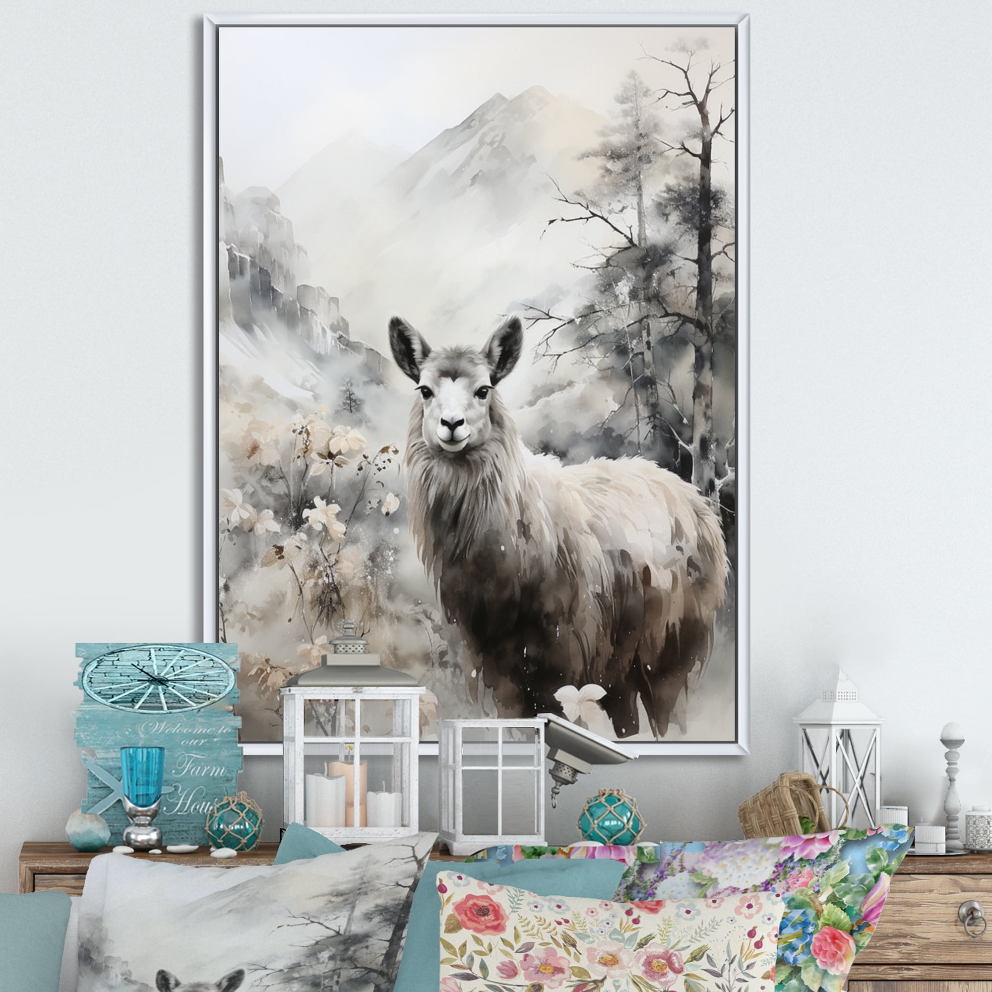 Designart "Sumi Art Featuring Asian Alpacas I" Animals Floater Framed ...