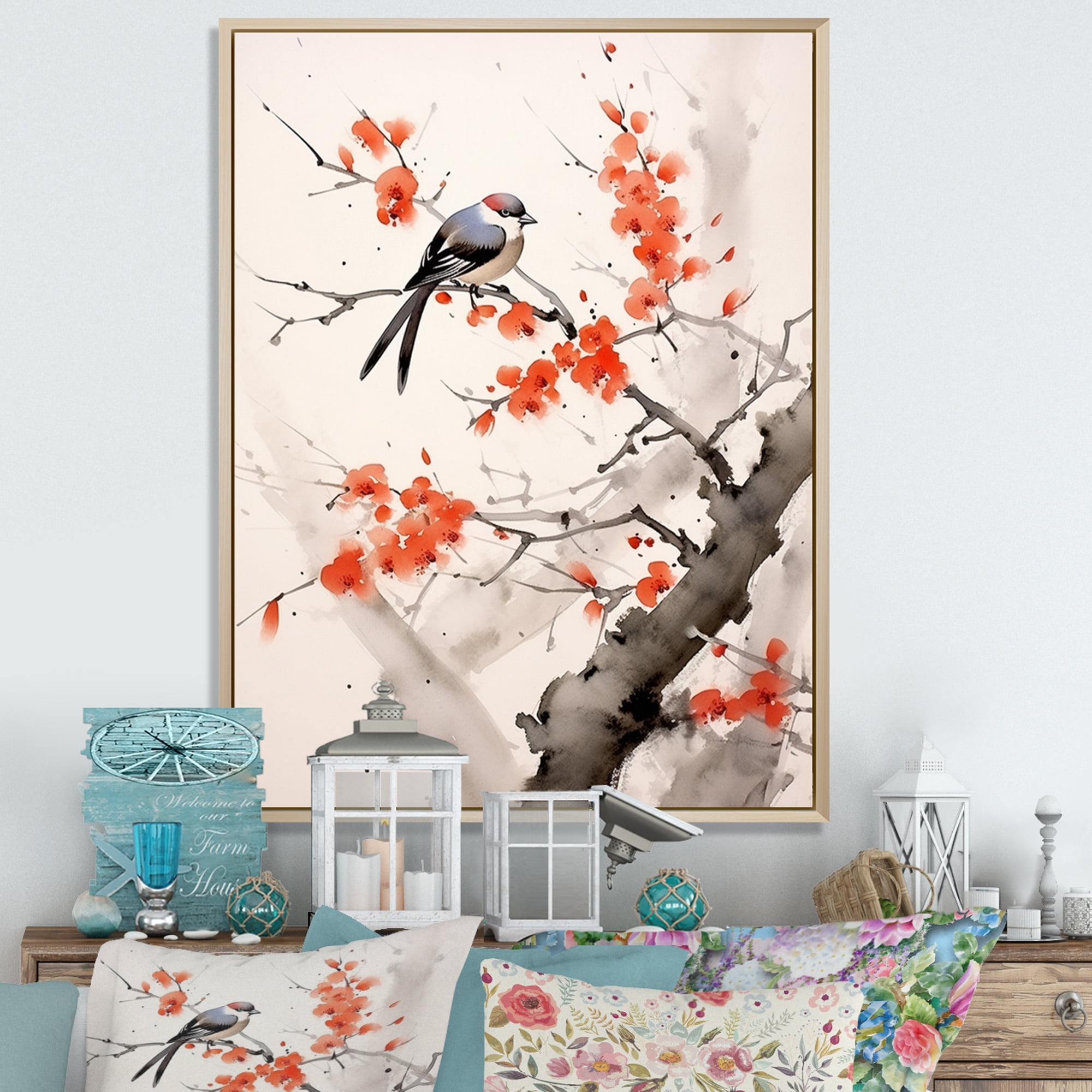 Designart "Sumi Bird Asian Painting VII" Asian Floater Framed Wall ...