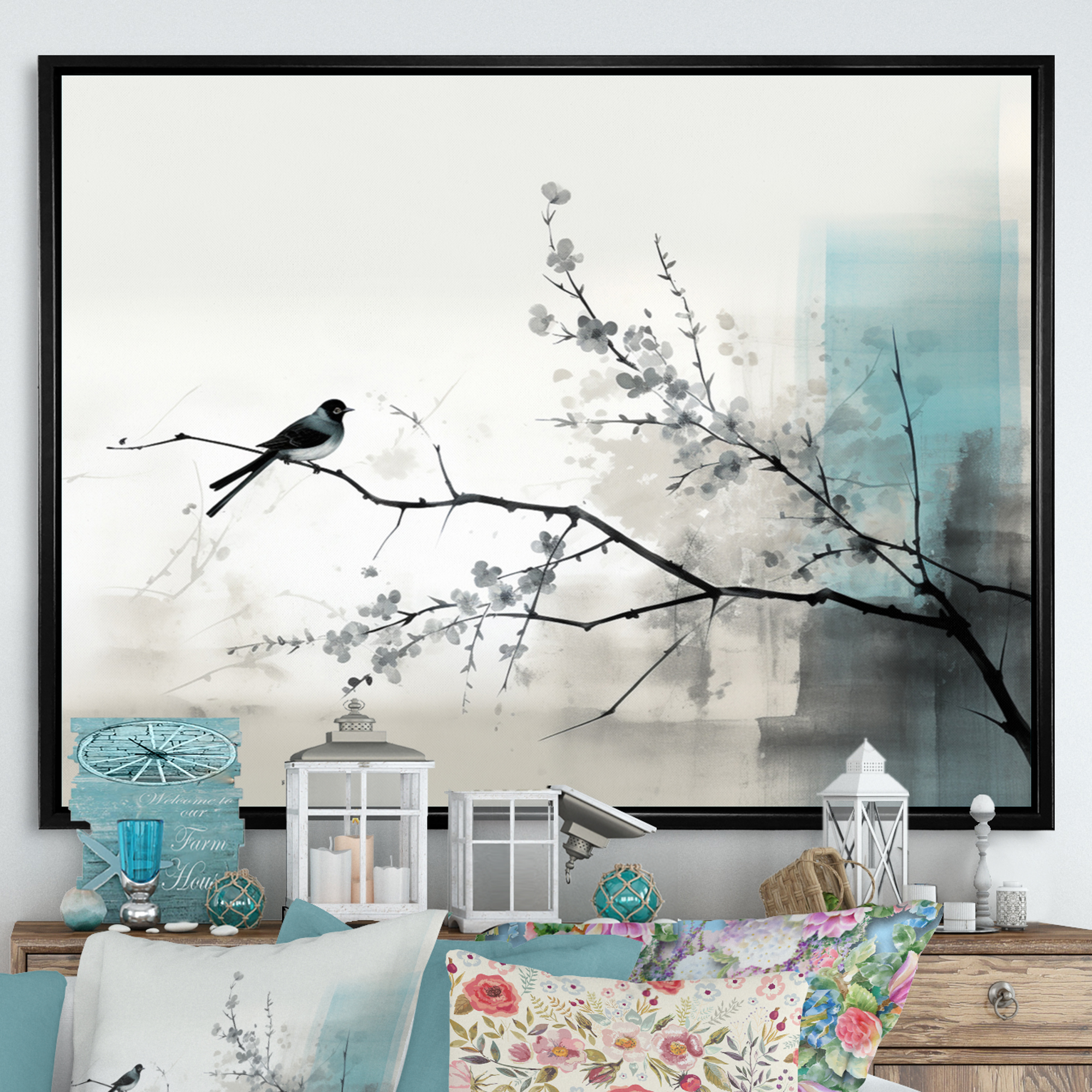 Designart "Sumi Bird Asian Painting XI" Asian Art Floater Framed Wall ...