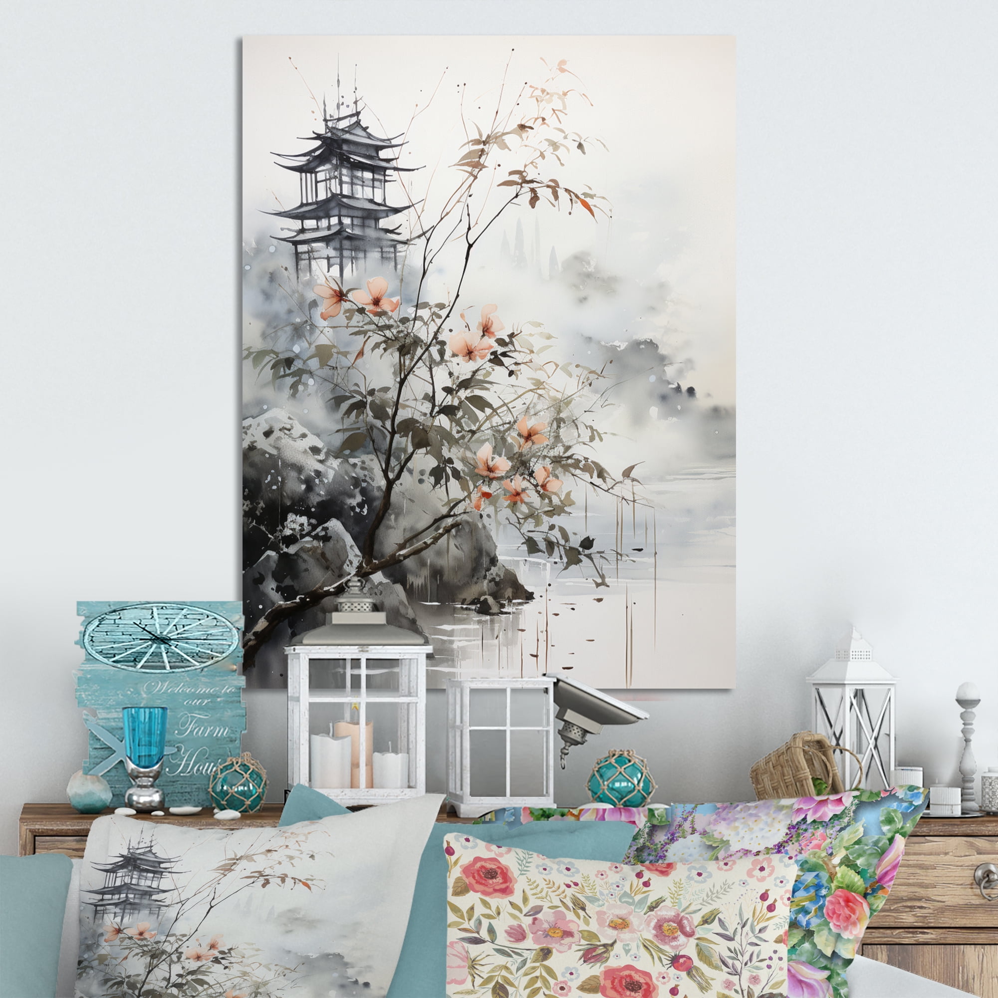 Designart "Sumi Bird Asian Painting XIV" Asian Metal Art Living Room ...