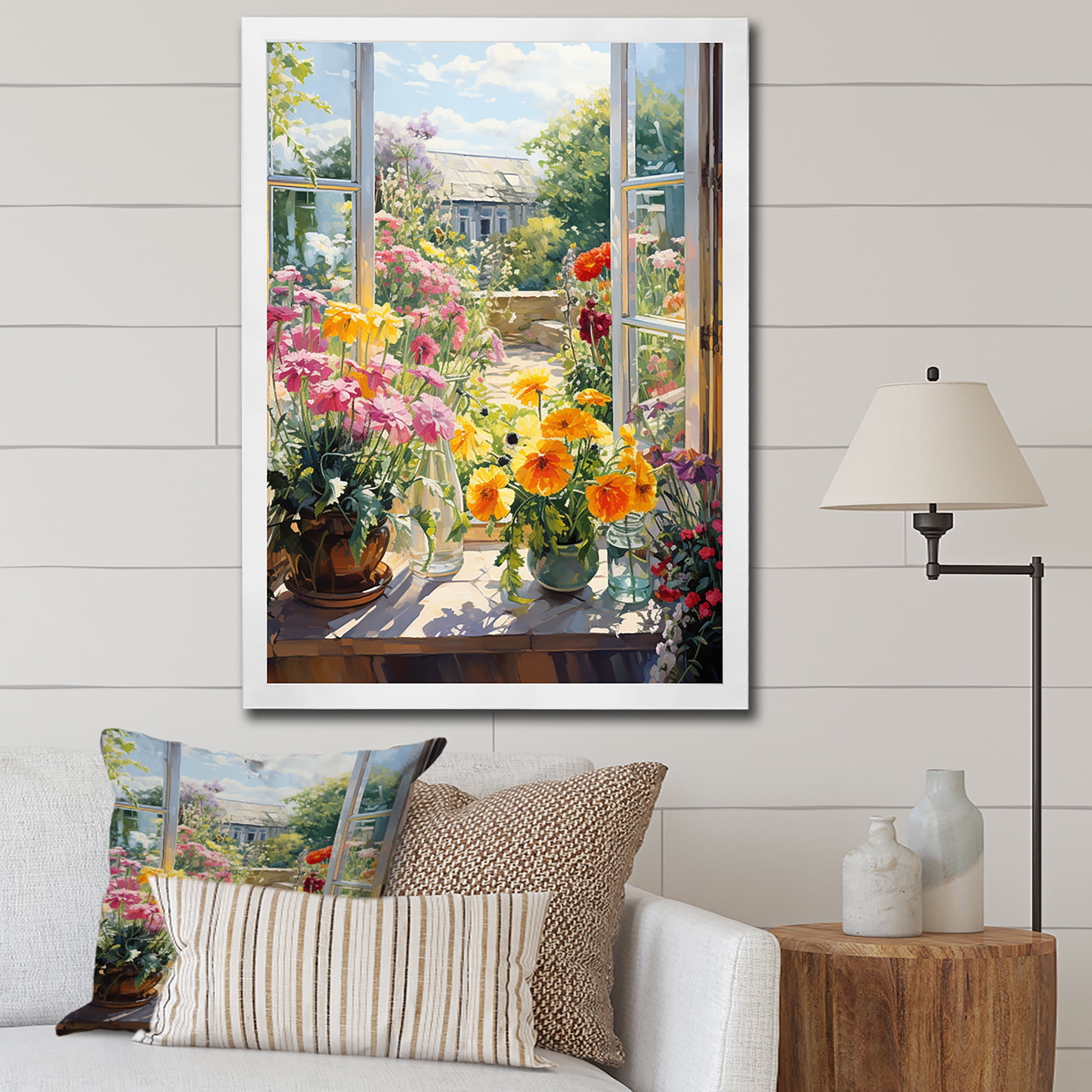 Designart "Summer Flowers from Farmhouse Windows I" Floral Framed Wall ...