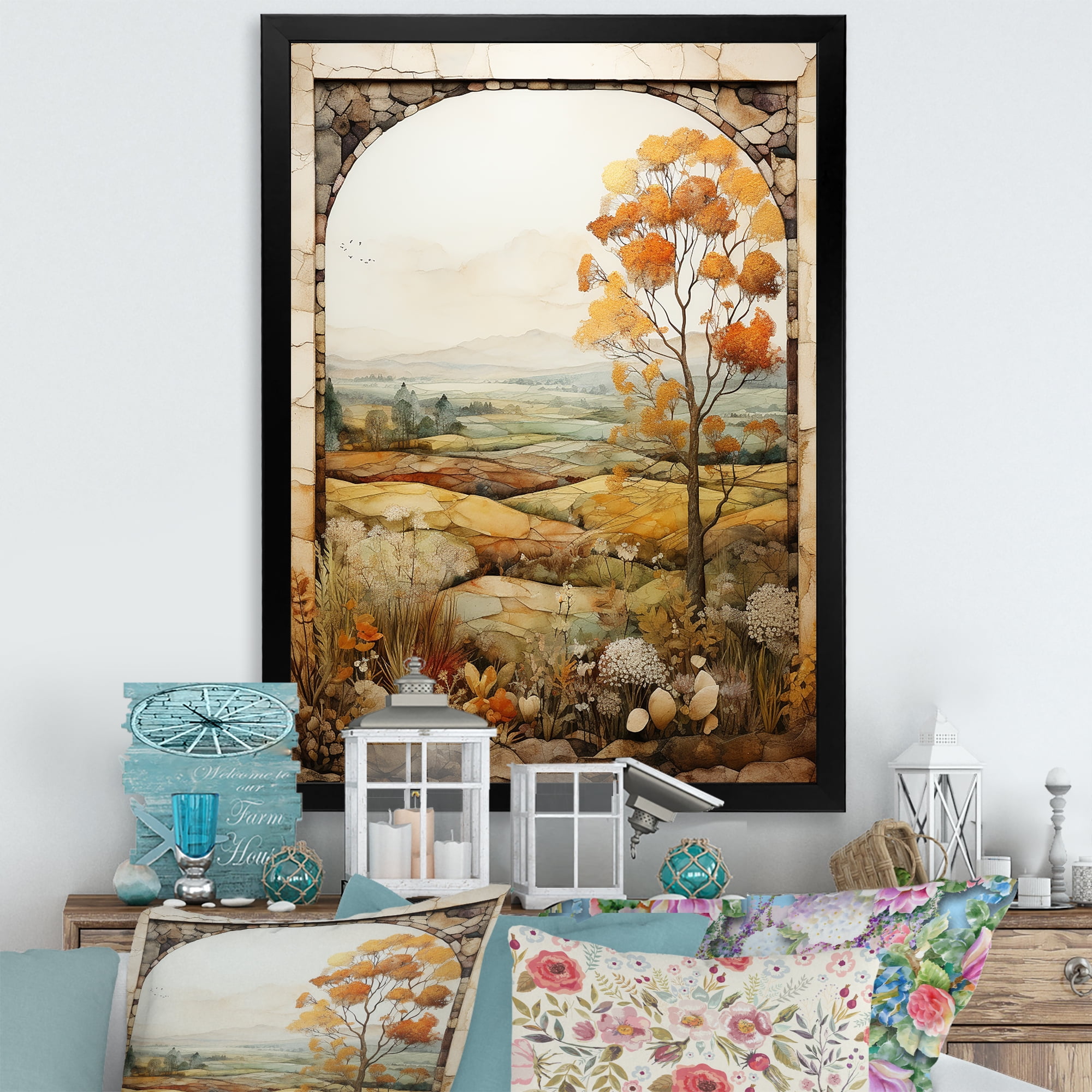 Designart "Summer Meadow View in Green and Yellow I" Landscapes Framed ...
