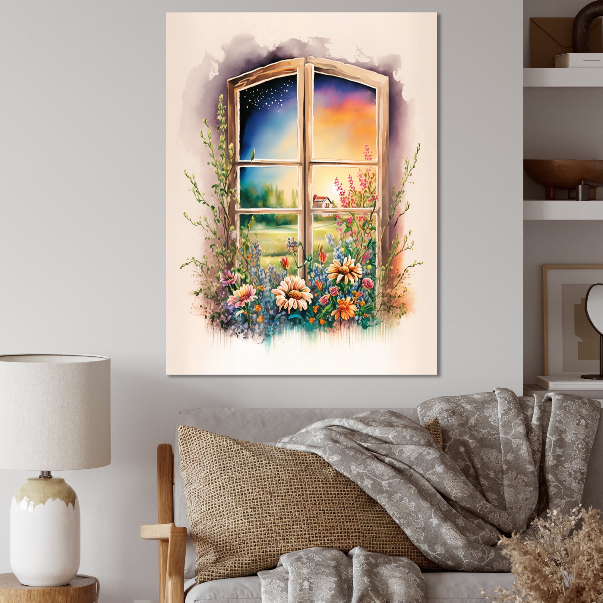 Designart "Summer Sunset Floral Window I" Farm Windows Wall Art Living ...