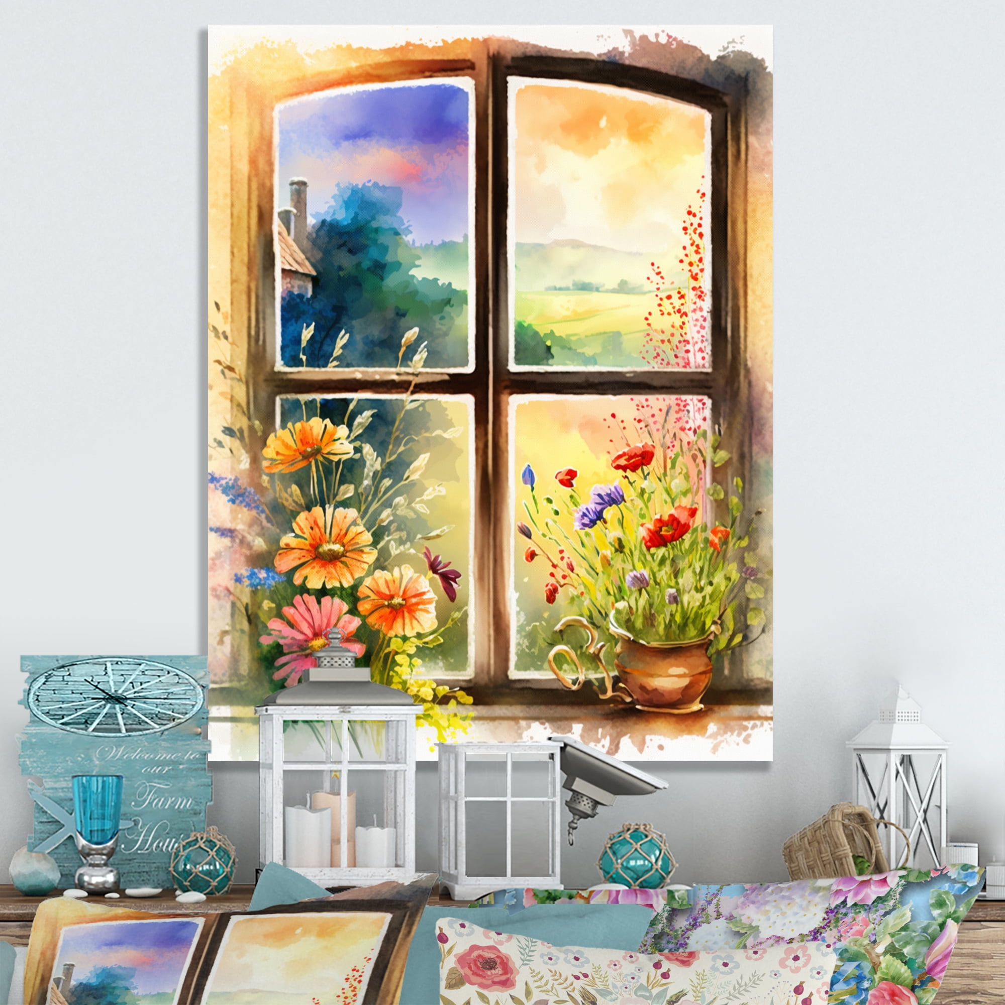 Designart "Summer Sunset Floral Window II" Farm Windows Wall Art Print ...
