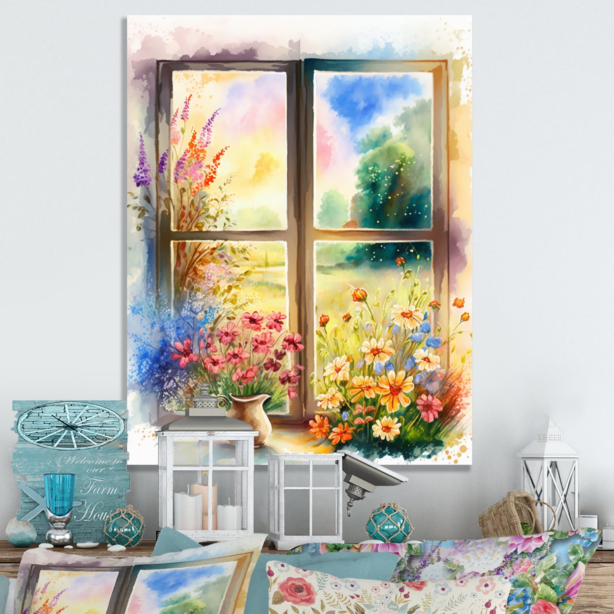 Designart "Summer Sunset Floral Window IV" Farm Windows Wall Art For ...