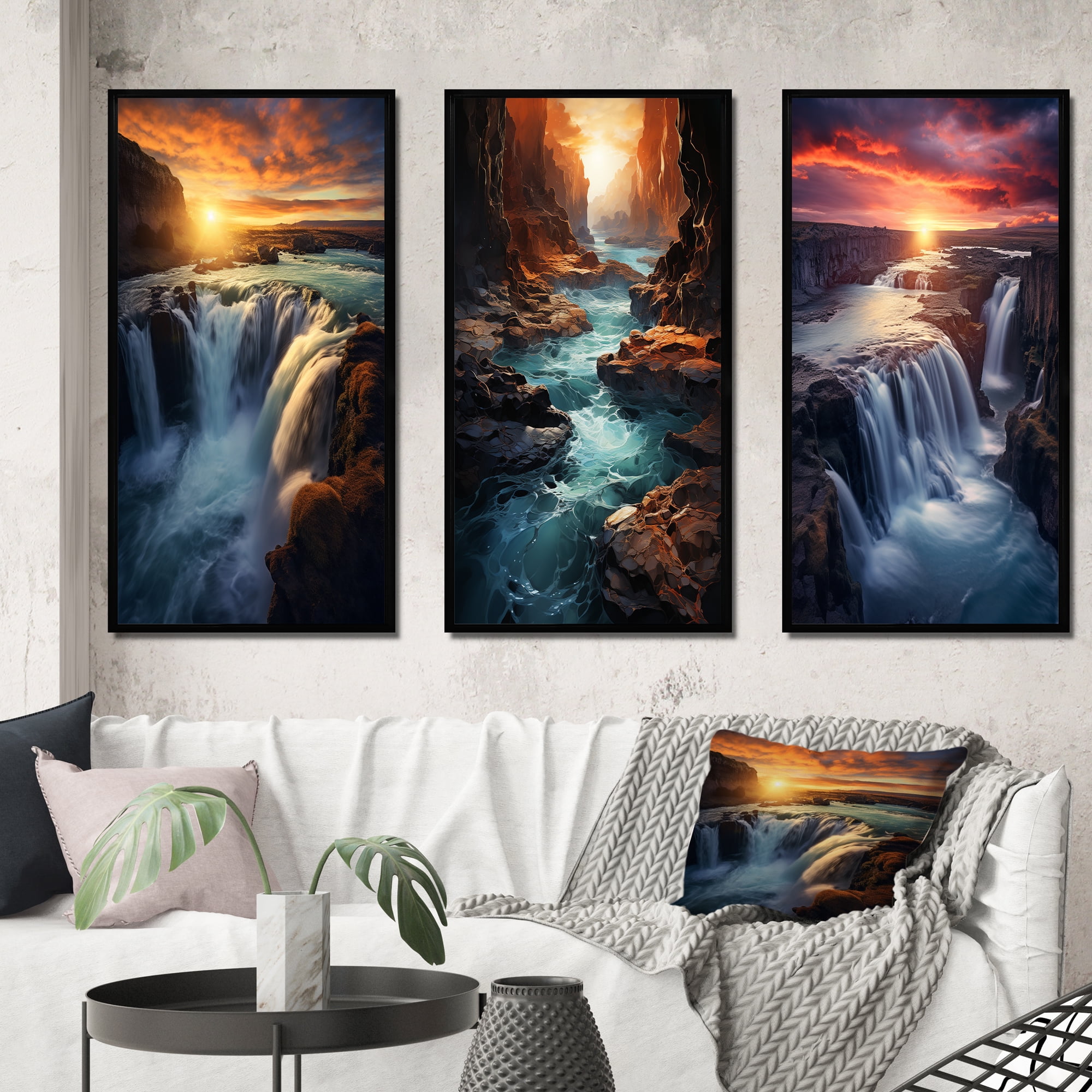 Designart "Summery Sunset Cascading over Majestic Waterfalls I ...