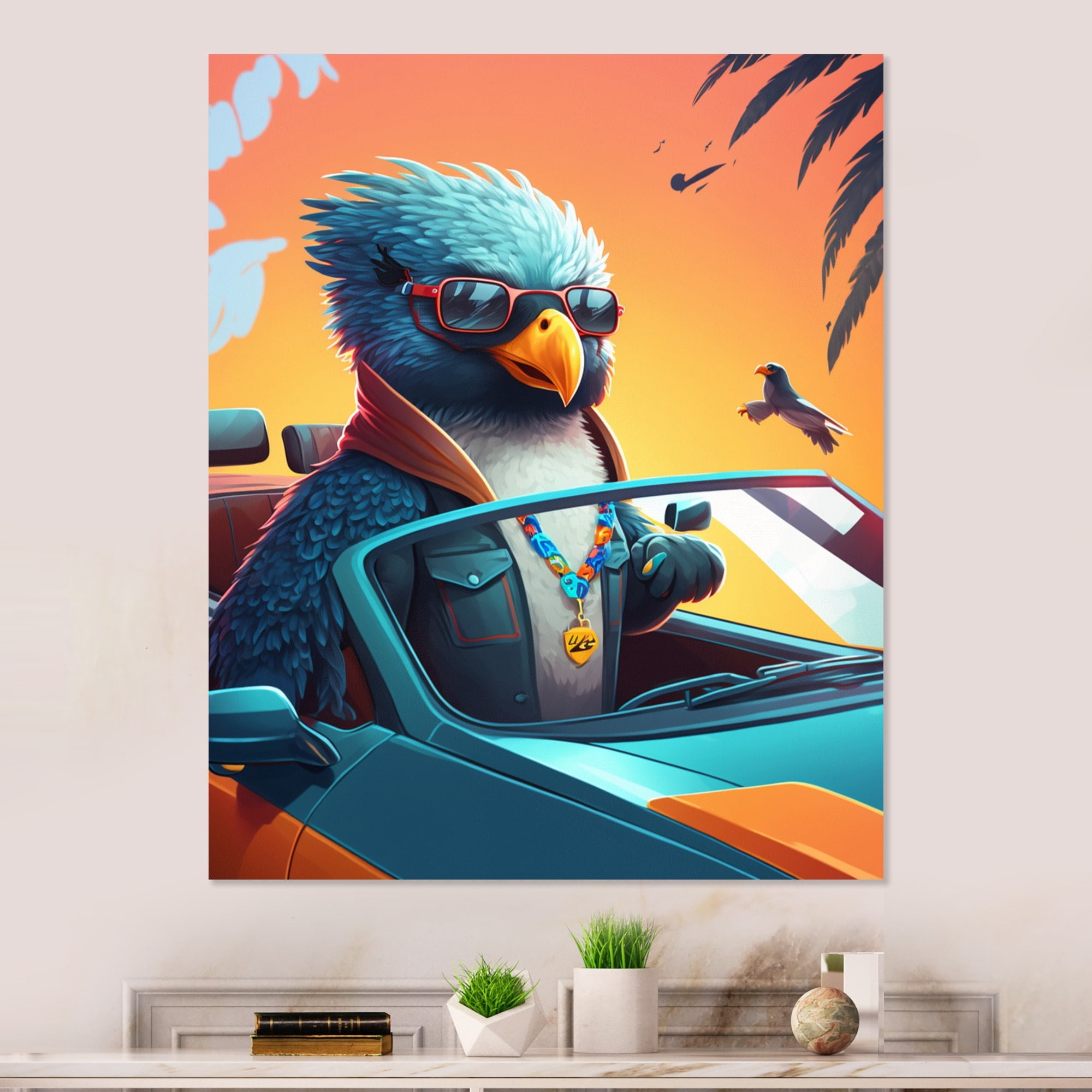 Designart "Sunglass-Wearing Blue Bird in a Sportscar" Animals Bird ...