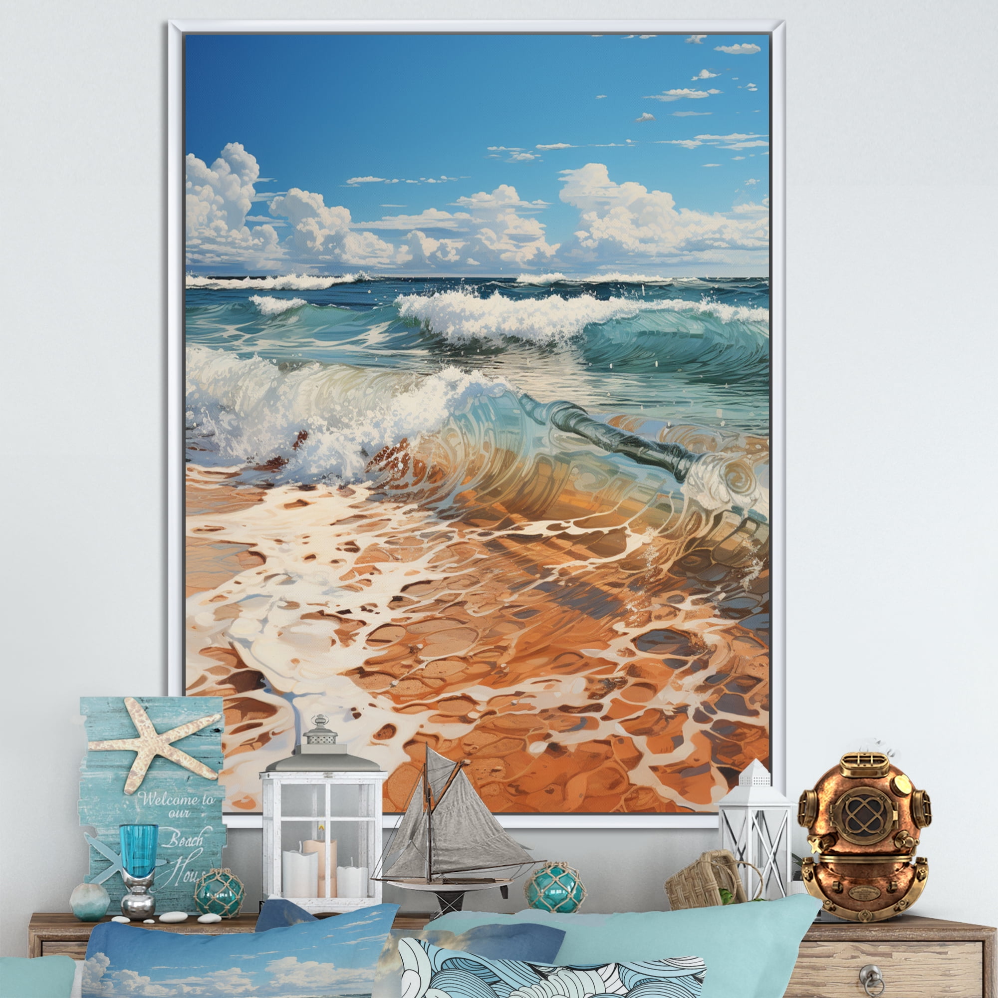 Designart "Sunlit Coastline Beach Photo X" Nautical & Beach Floater ...