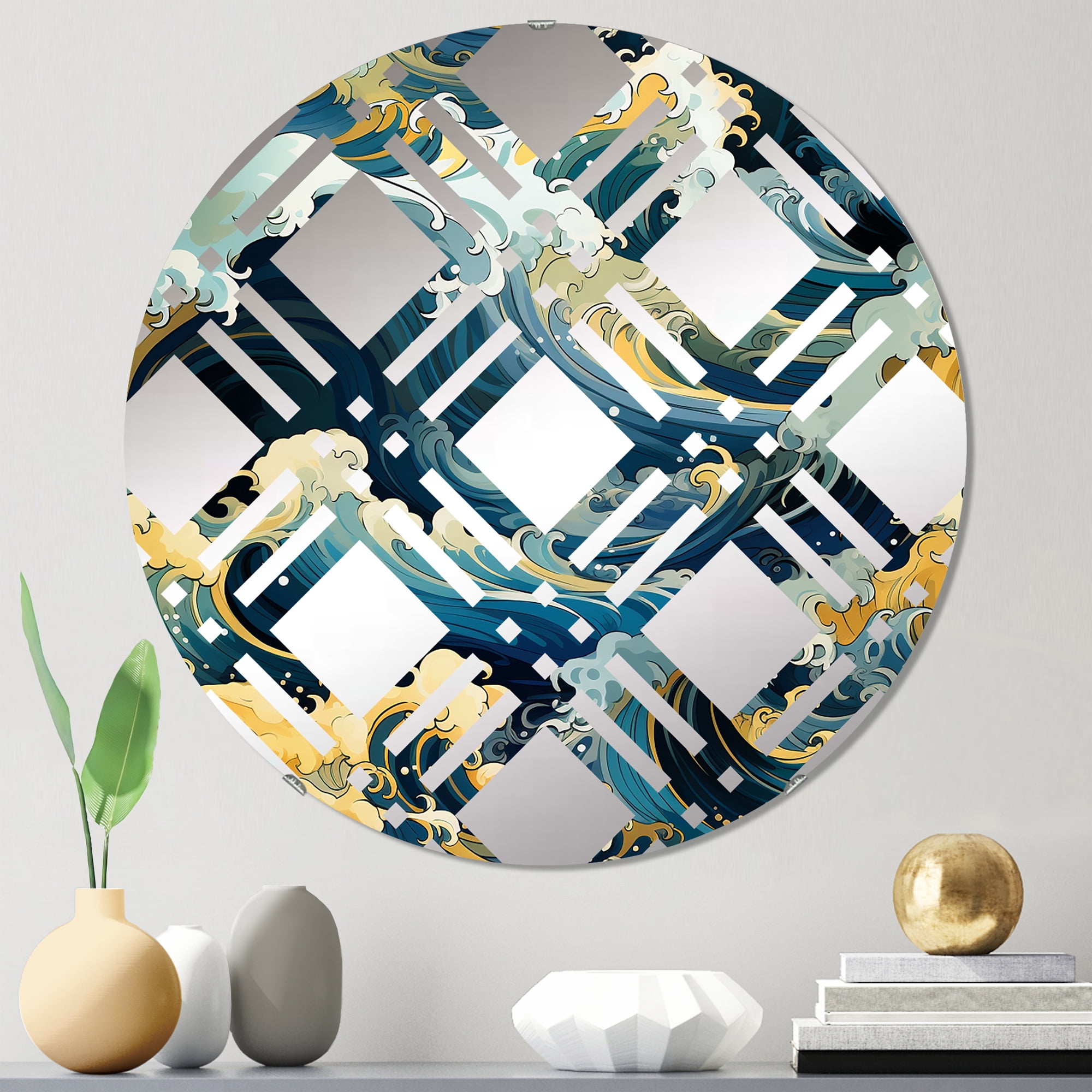 Designart "Sunrise Over Hokusai's Waves III" Coastal Plaid Round Wall ...