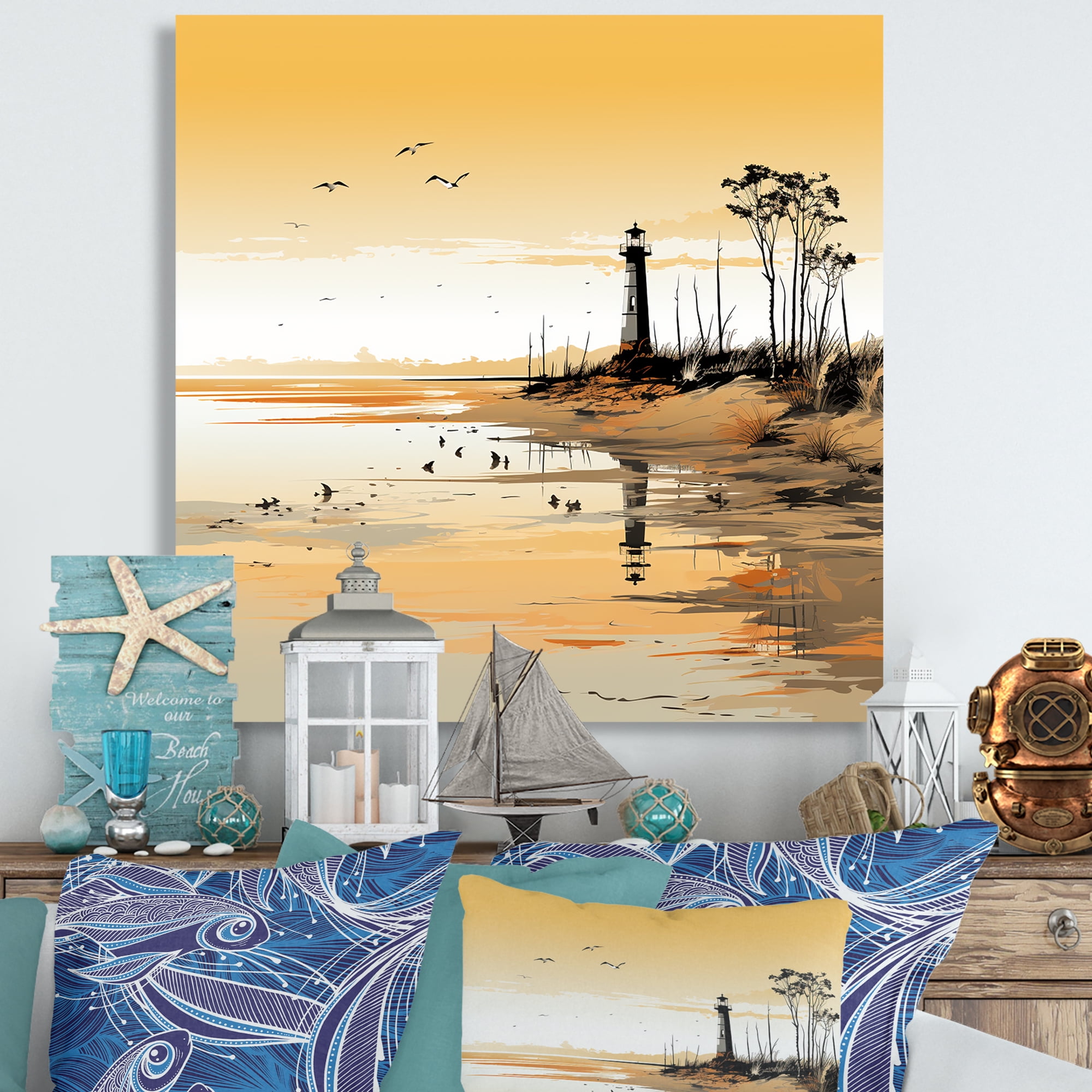 Designart "Sunset Beacon at the Lighthouse I" Coastal Wall Art ...