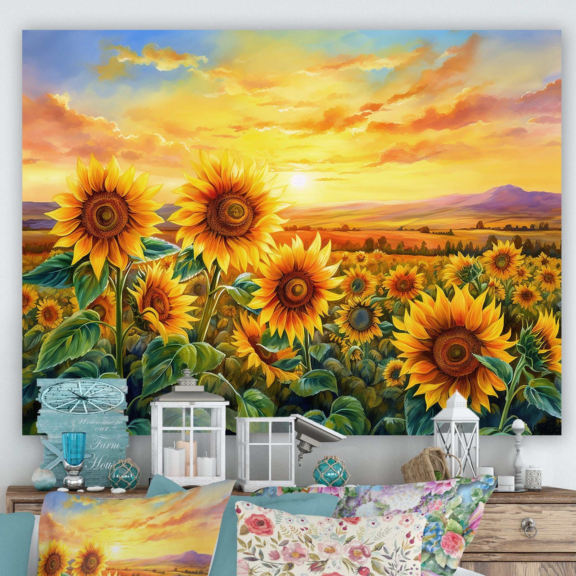 Designart "Sunset Fire Sunflower Field" Sunflowers Canvas Wall Art ...