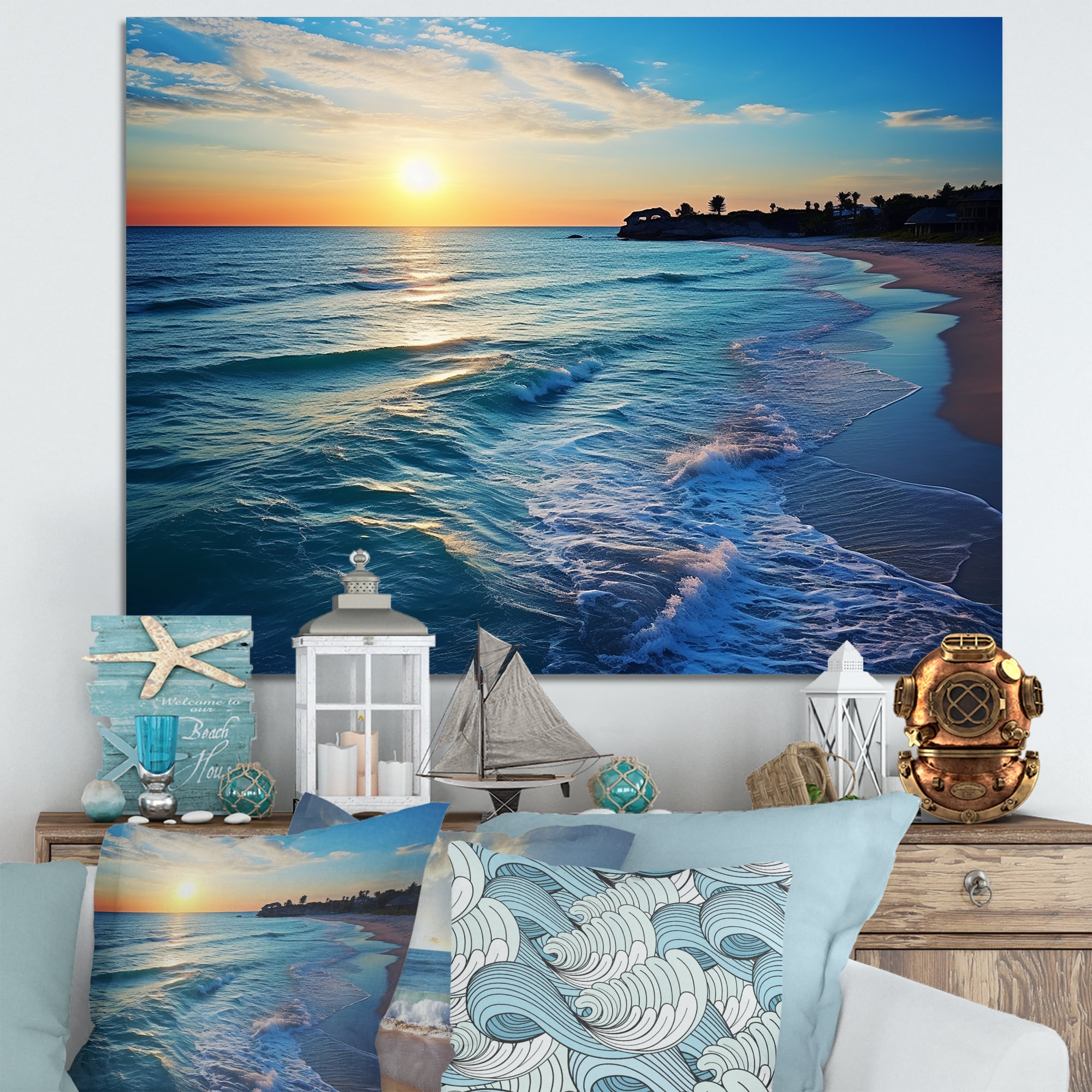 Designart "Sunset Horizon Tranquil Shores Beach V" Coastal Wall Art ...